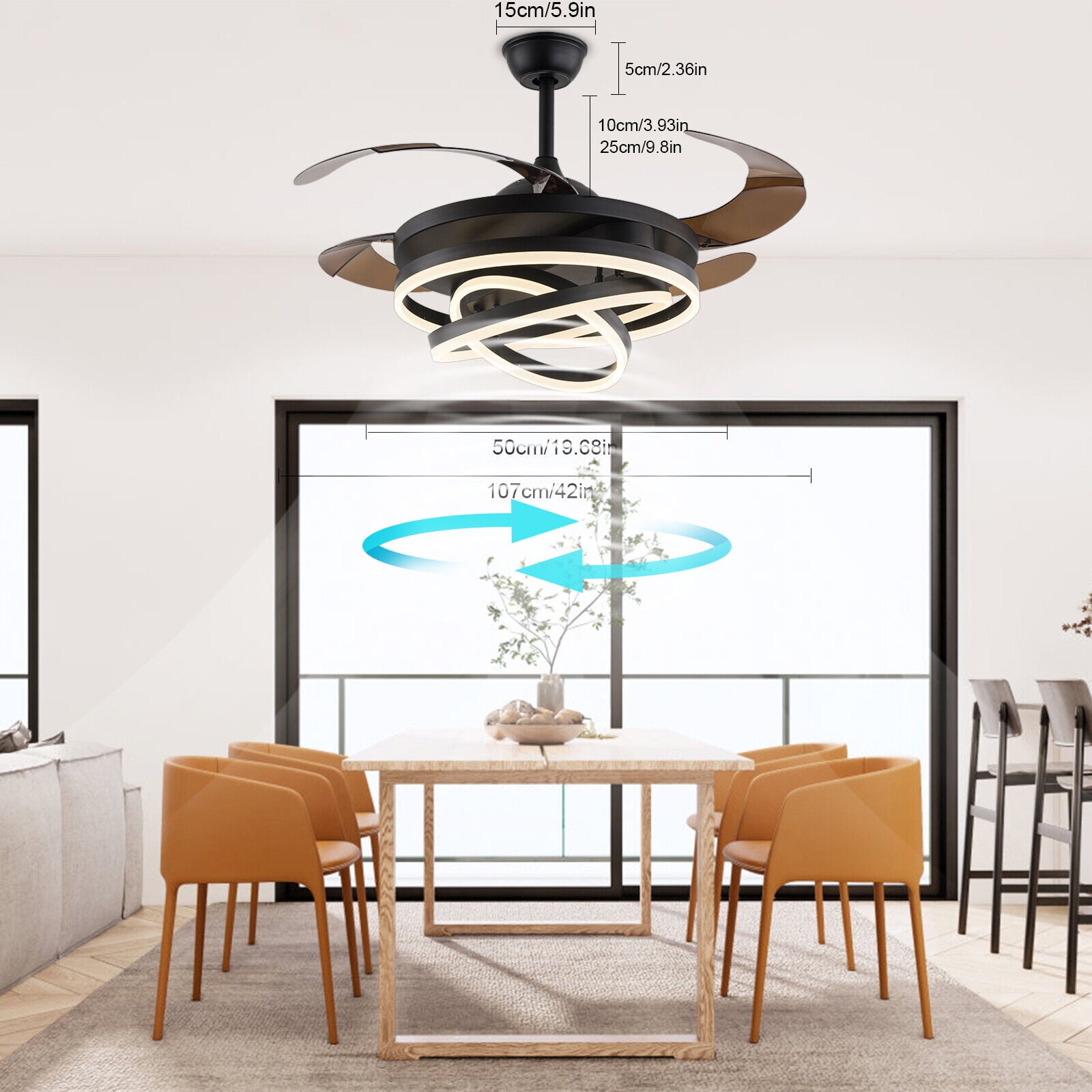 42 in Modern LED Downrod Mount Living Room Retractable Ceiling Fan with ...