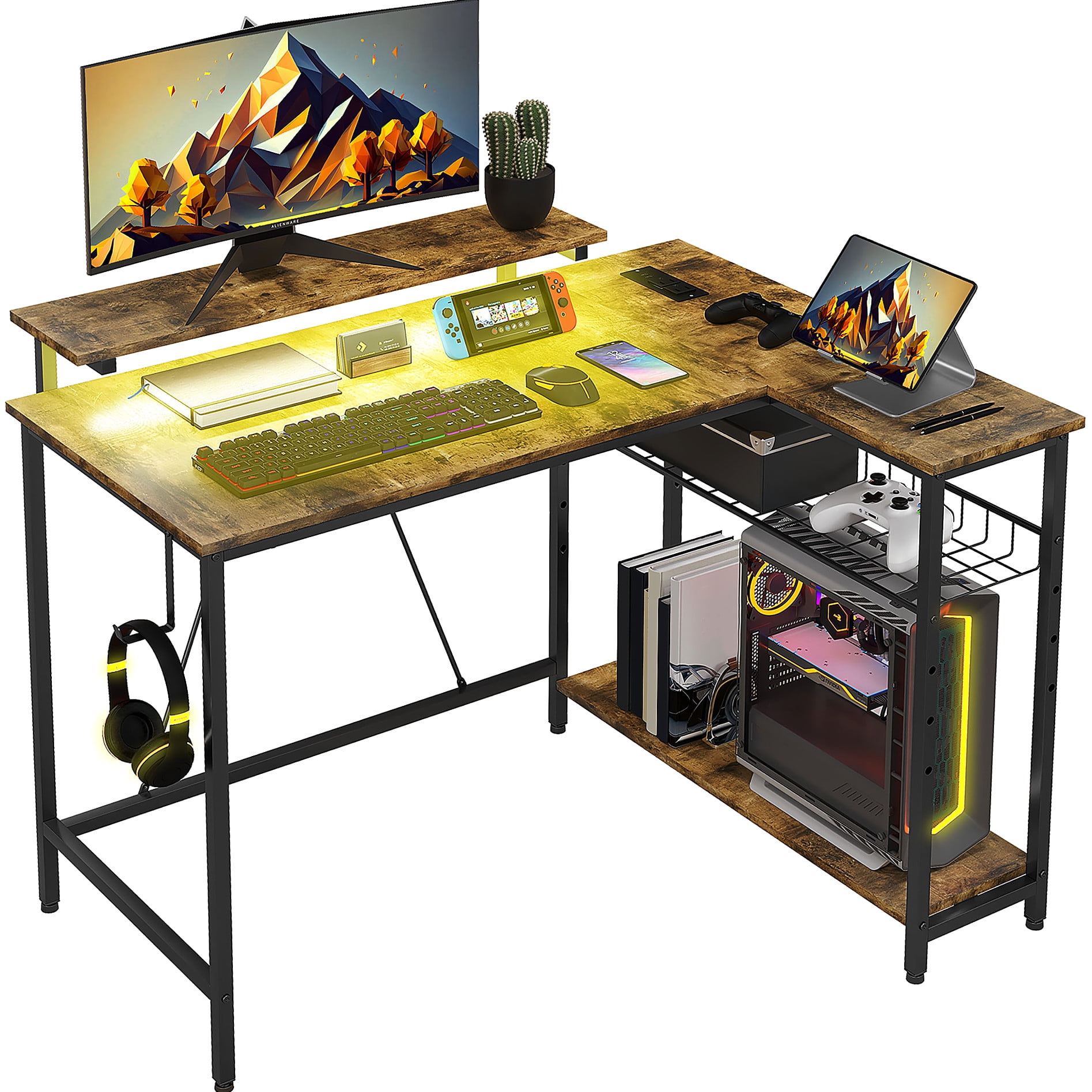 42" Reversible L Shaped Desk With Led Effects, Power Outlet, , Rustic ...