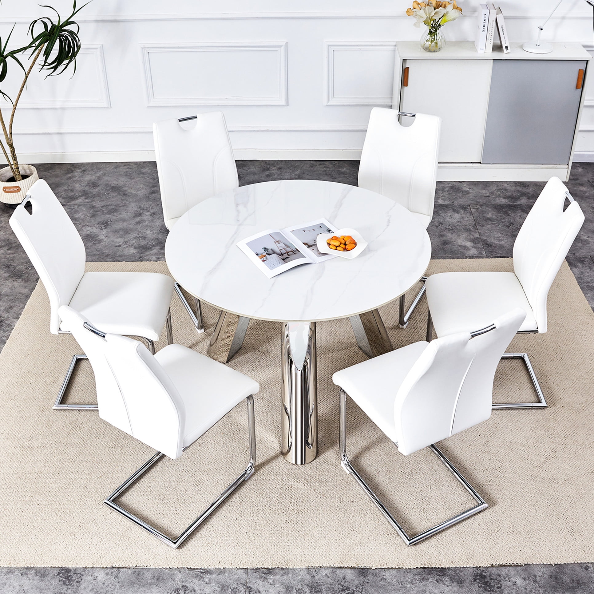 42" Round Dining - Sintered Stone Table, White Chairs With Bewitching ...