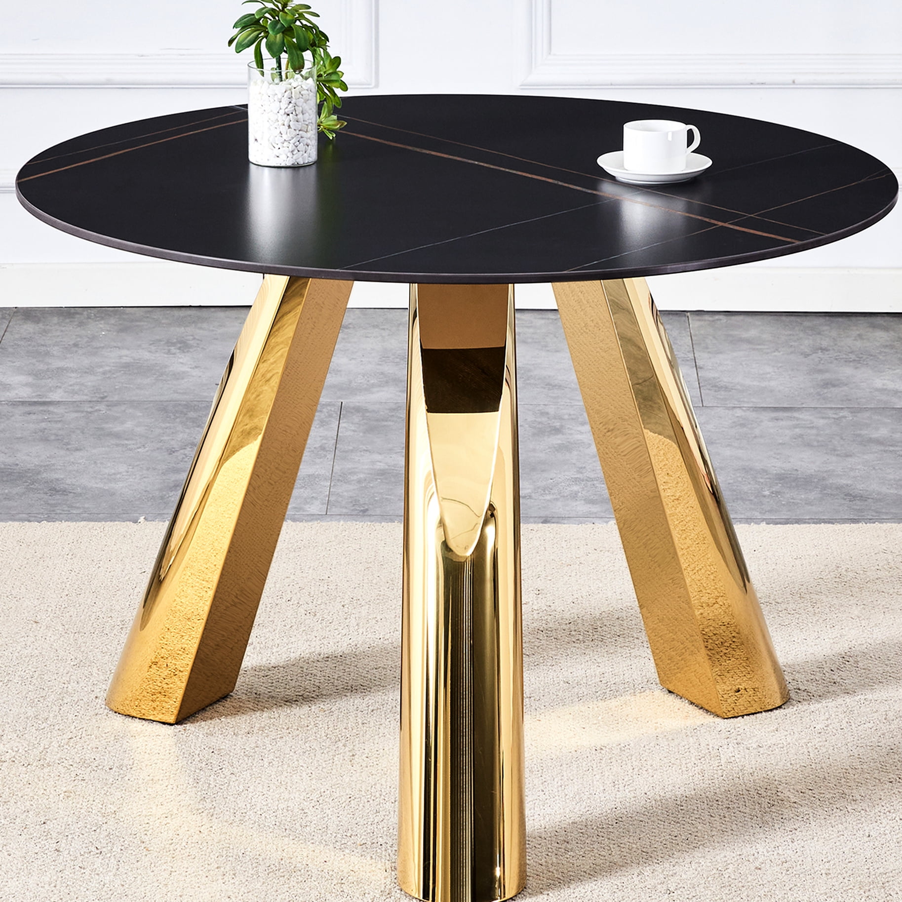 42" Round Dining Table With Sintered Stone Surface, Black + Gold ...