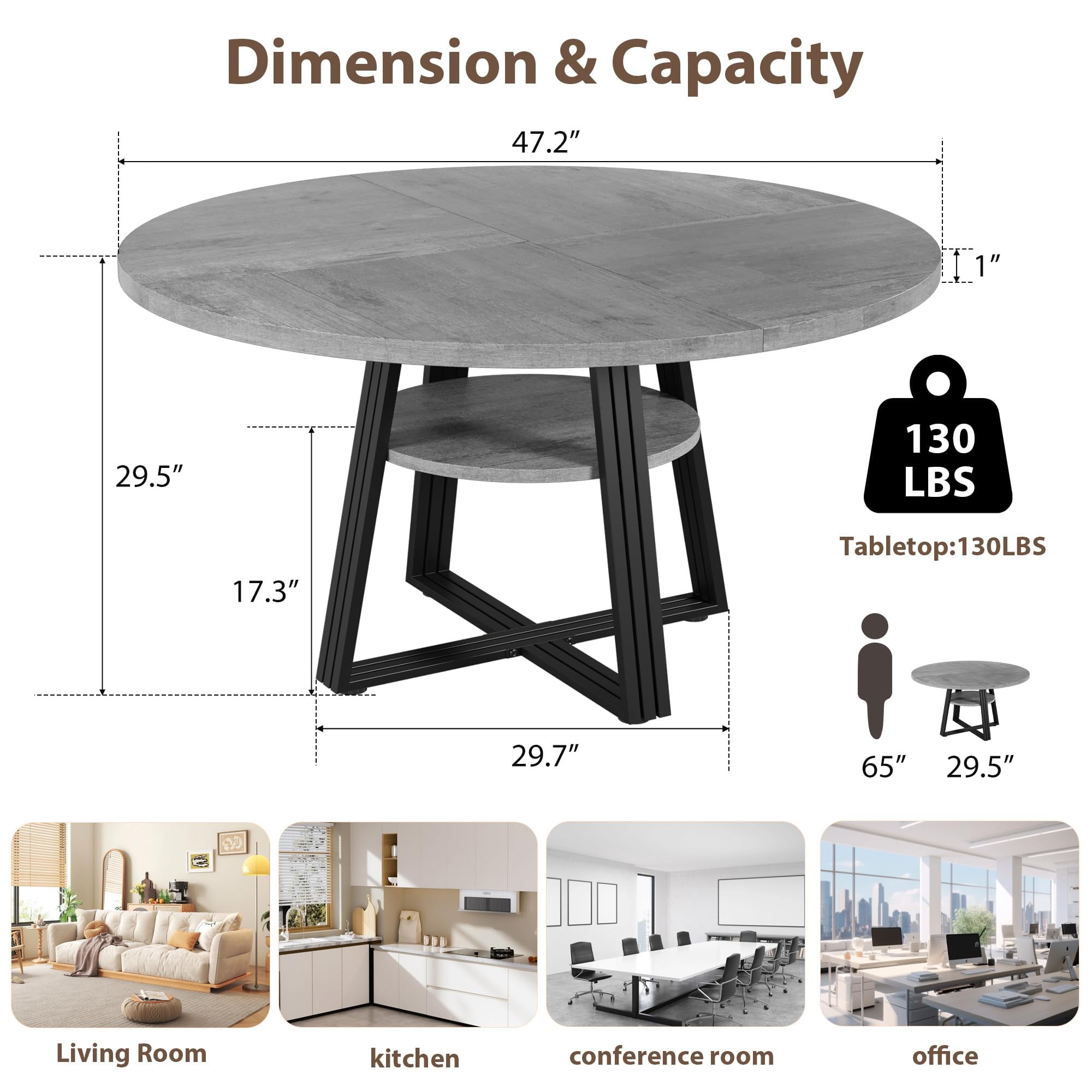 42" Round Dining Table for 4-6, Farmhouse Kitchen Table with Storage ...