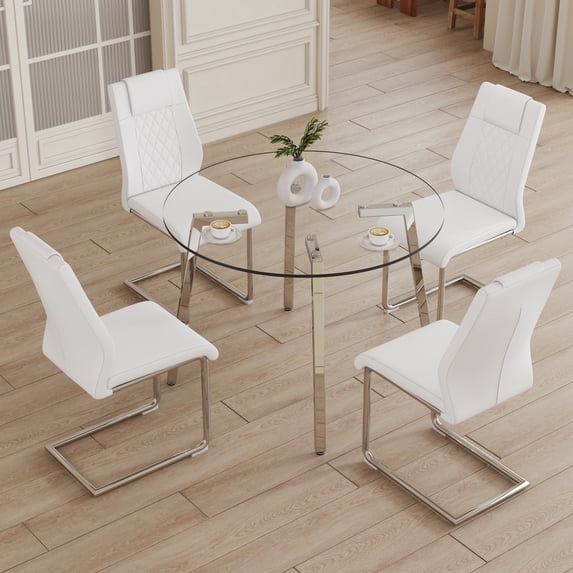 42" Round Glass Dining Table Set for 4, Modern Kitchen Table with PU ...