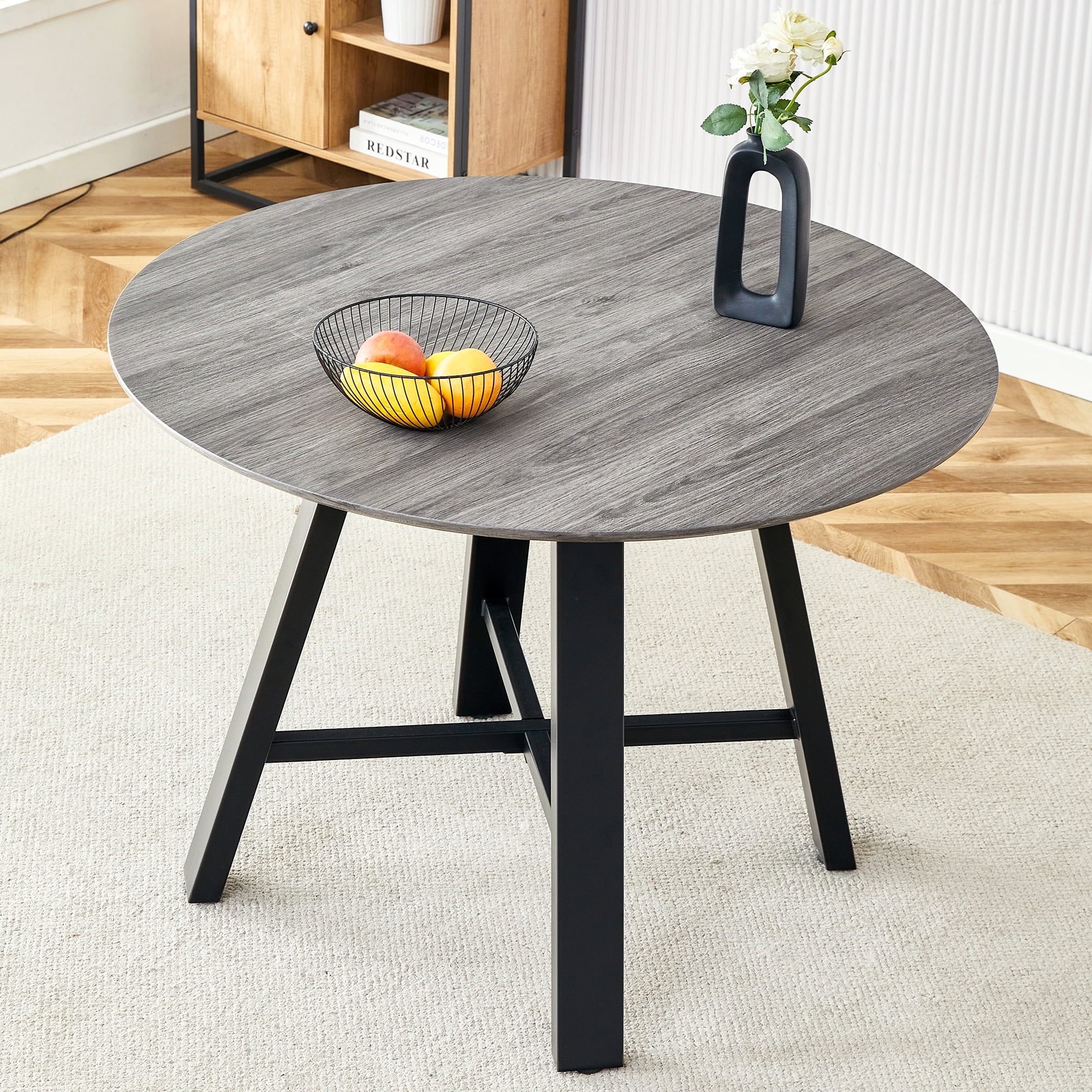 42" Round Gray Dining Table - Modern Minimalist Design with Black Metal ...