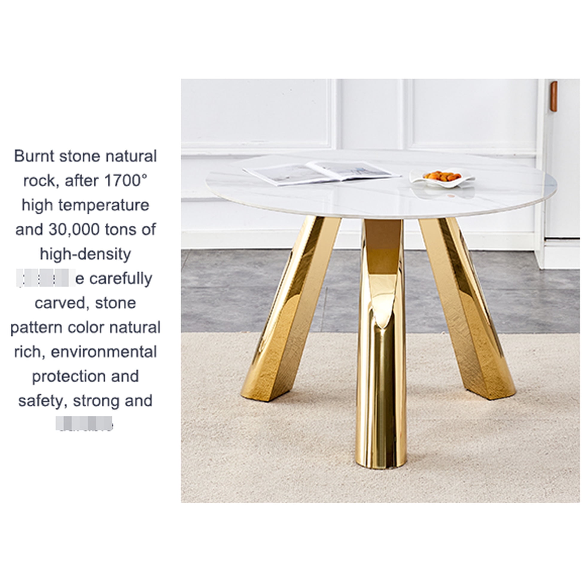42" Round Table With White Marble Grained Finish And Golden Stainless ...