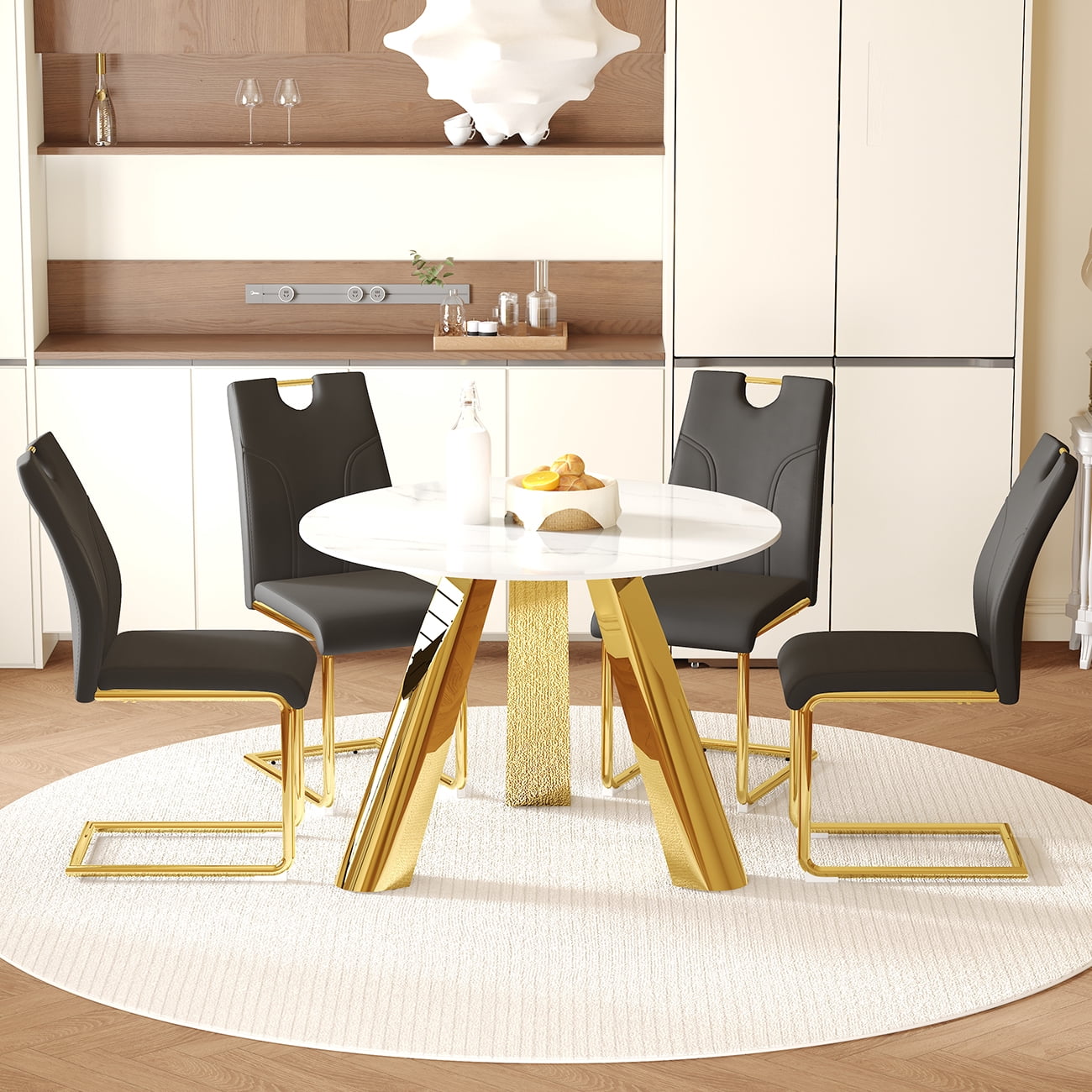 42" Snow Mountain White Sintered Stone Round Dining Table Set with 4 ...
