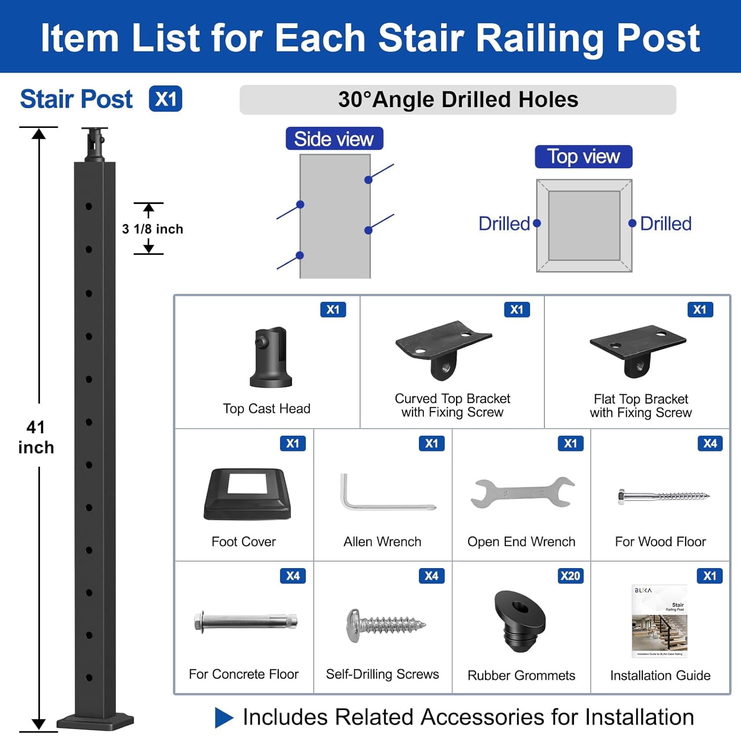 42" Stair Cable Railing Post (Post 41"x2"x2"), Stainless Steel ...