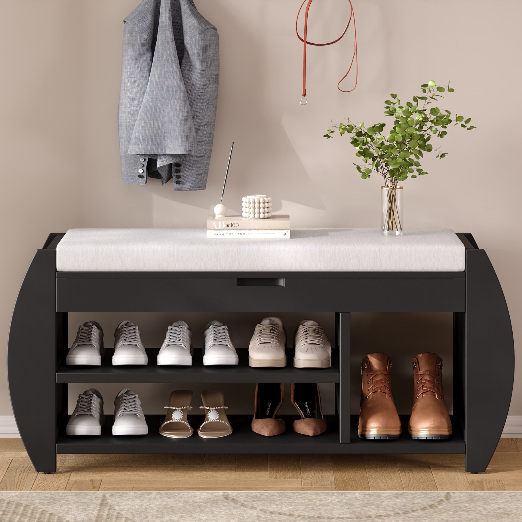 42" Storage Bench, Shoe Bench with Cushion and Curved Side Panel ...