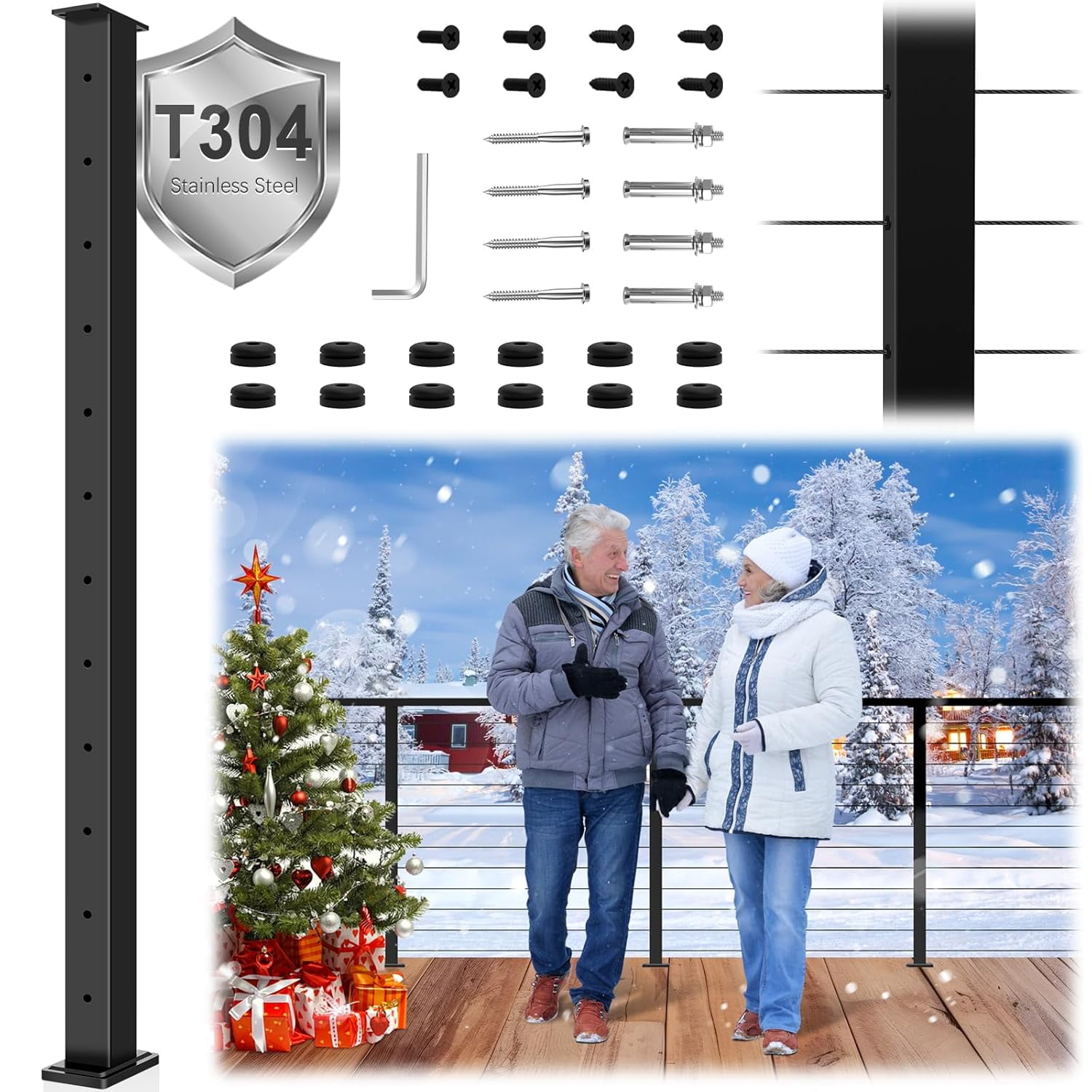 42" T304 Stainless Steel Cable Railing Post Black (Post 41"x2"x2 ...