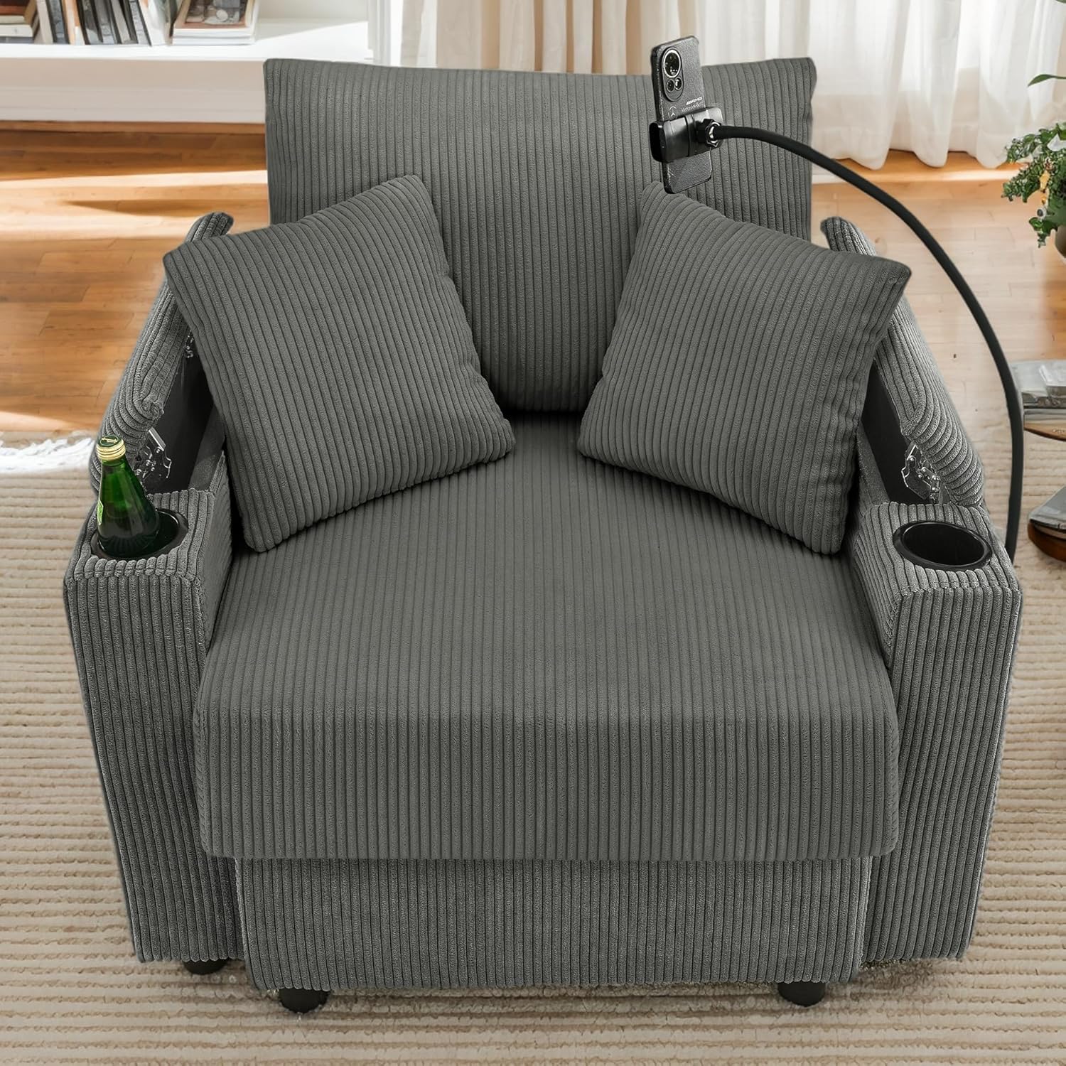 42" W Corduroy Accent Chair with Storage Armrest, Comfy Living Room ...
