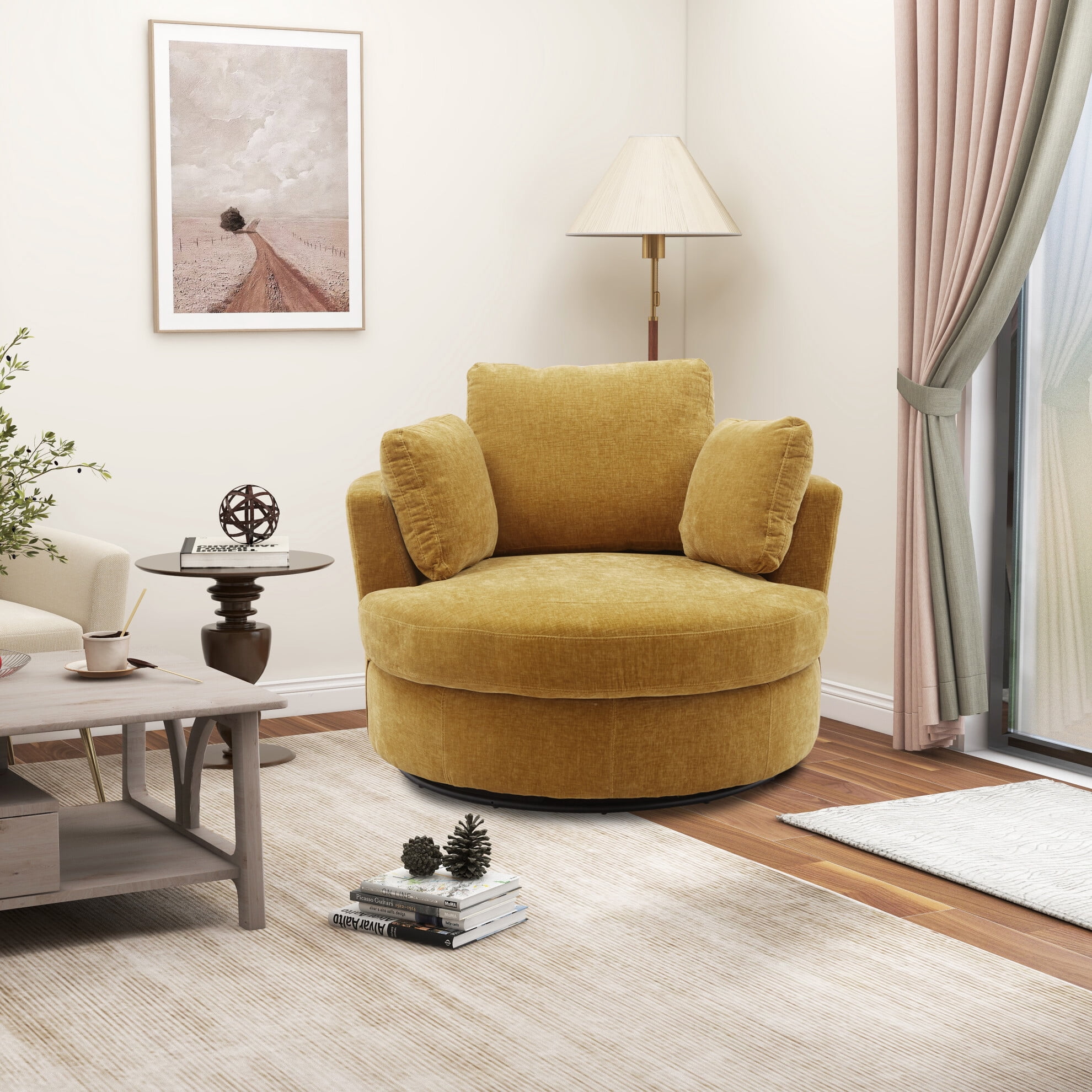 42"W Swivel Accent Chair with 3 Futon Pillows, Cuddle Swivel Barrel ...