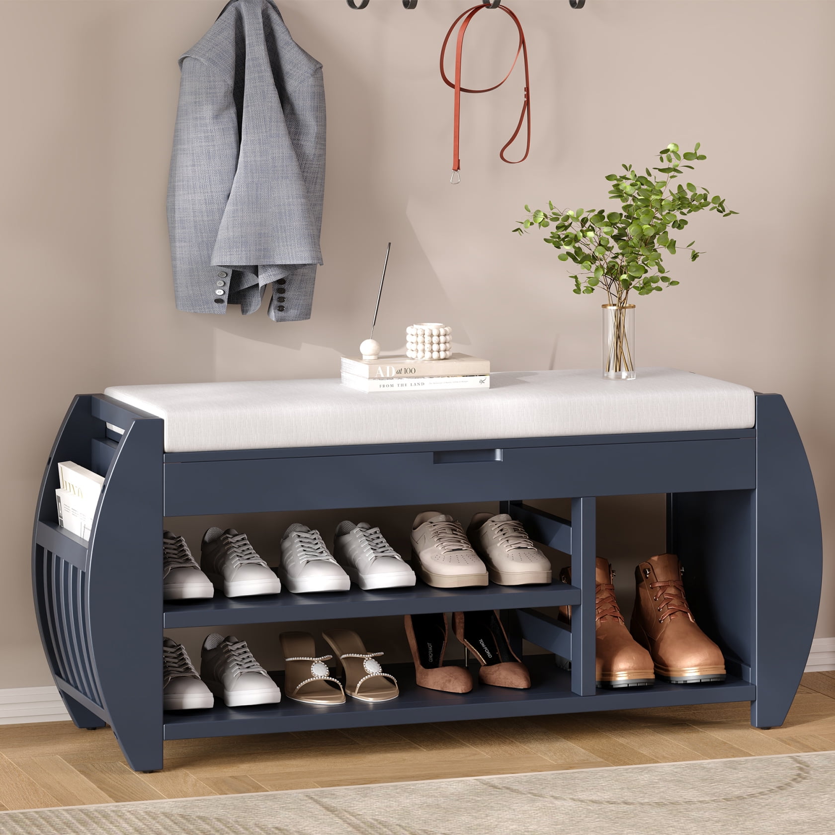 42" Wood Frame Entryway Storage Bench with Removable Cushion & Magazine ...