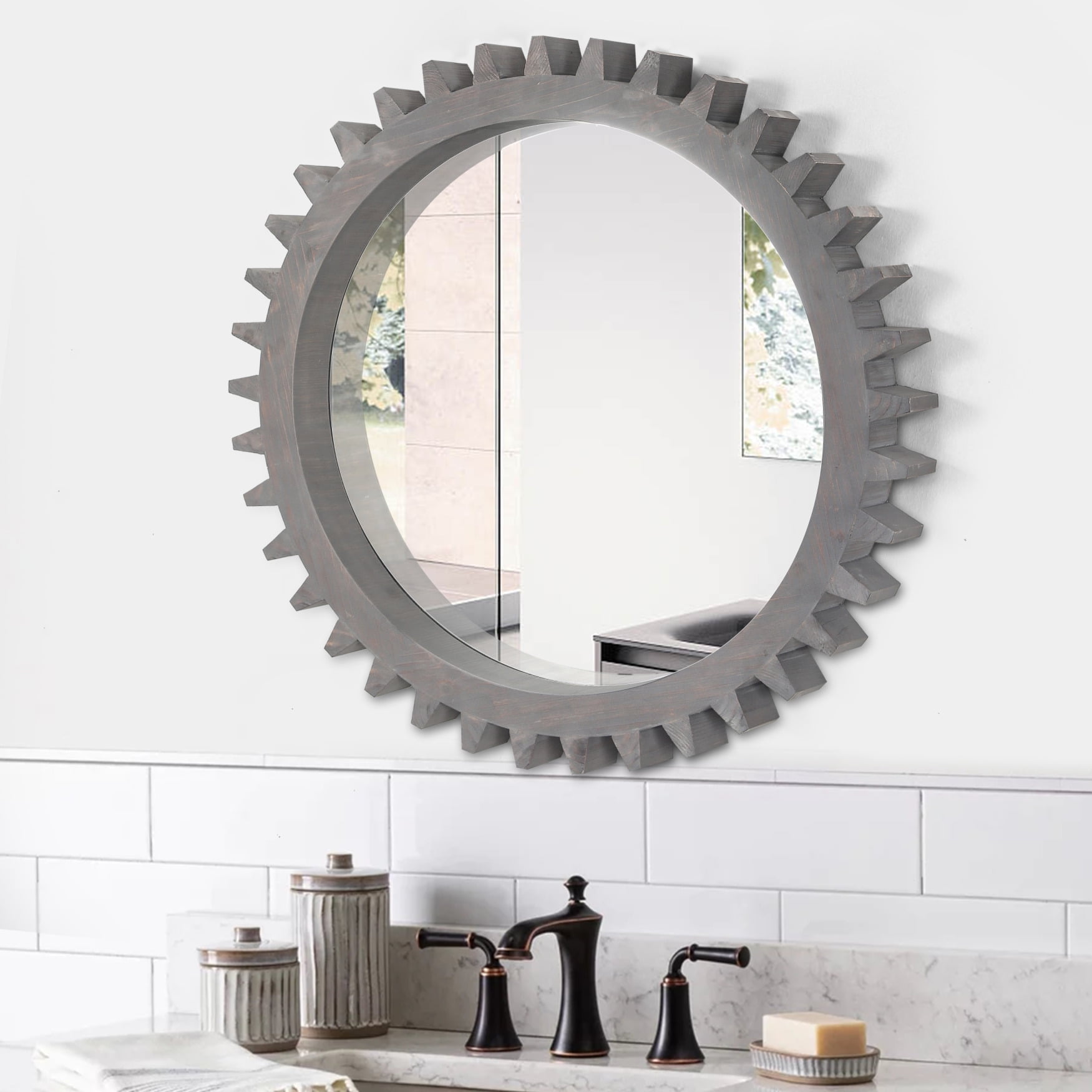 42" Wood Gear Shape Wall Mirrors Decorative,Round Bathroom Mirror with ...