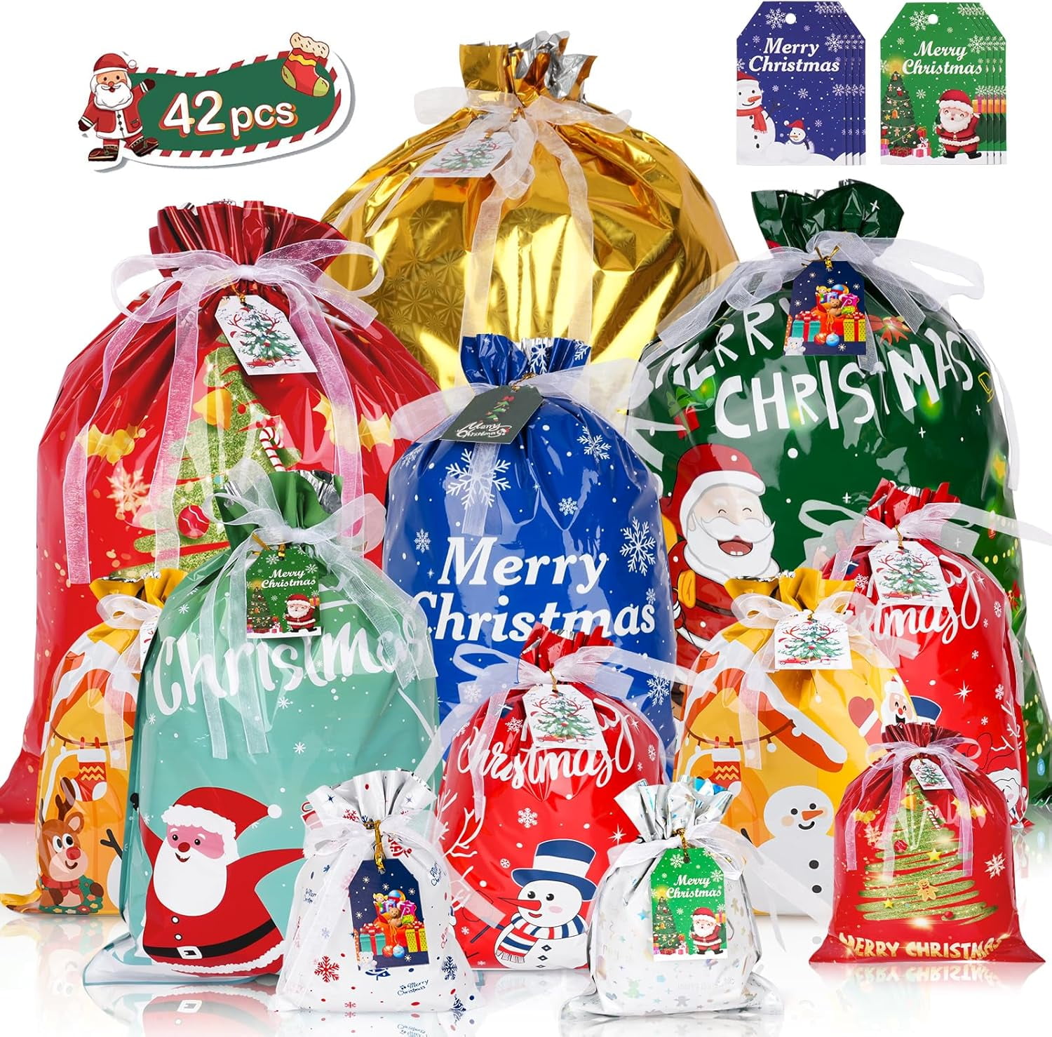 42 count Christmas Drawstring Bags, Christmas Bags with Tags & Ribbon ...
