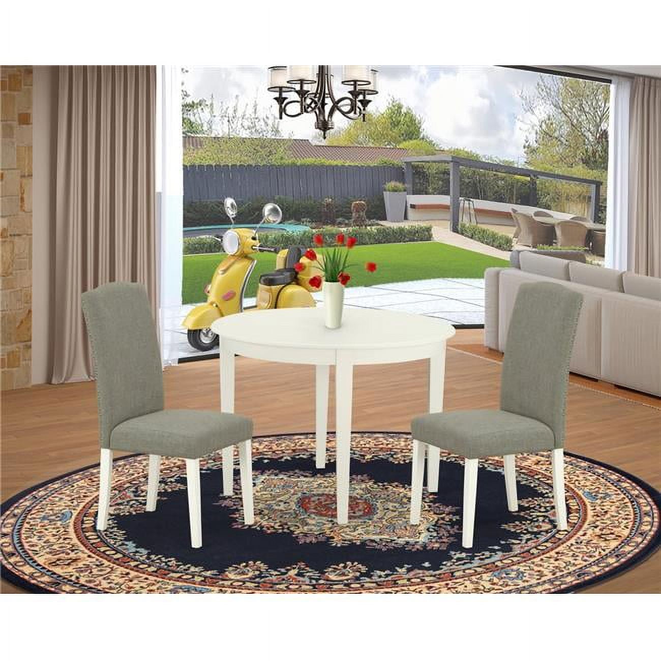 42 in. Boston Round Table & Two Parson Chair with Linen White Leg ...