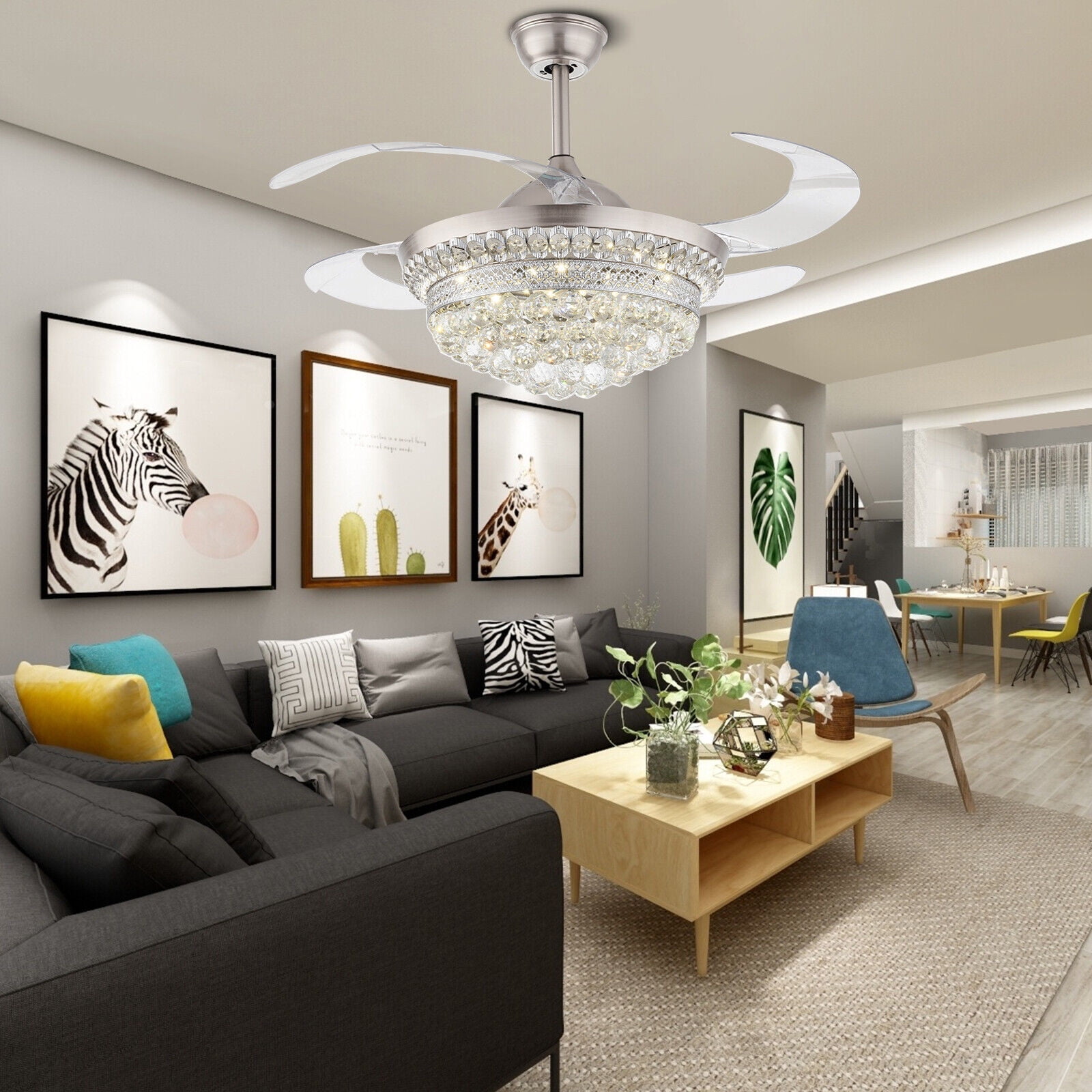 42 in Crystal Chandelier LED Ceiling Fan Light 3-Speed Pendant Lamp ...