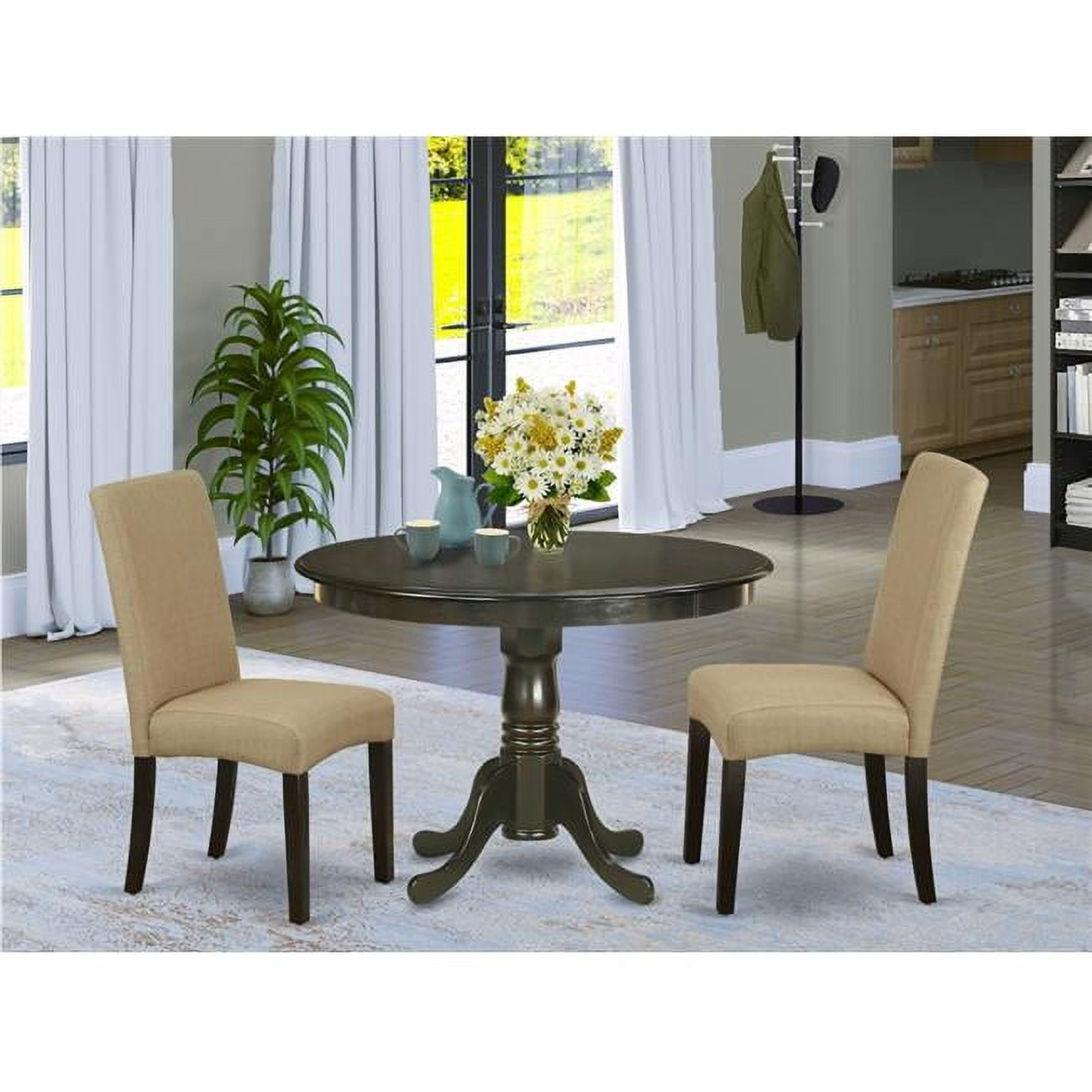 42 in. Hartland Round Dining Table & Two Parson Chair with Cappuccino ...