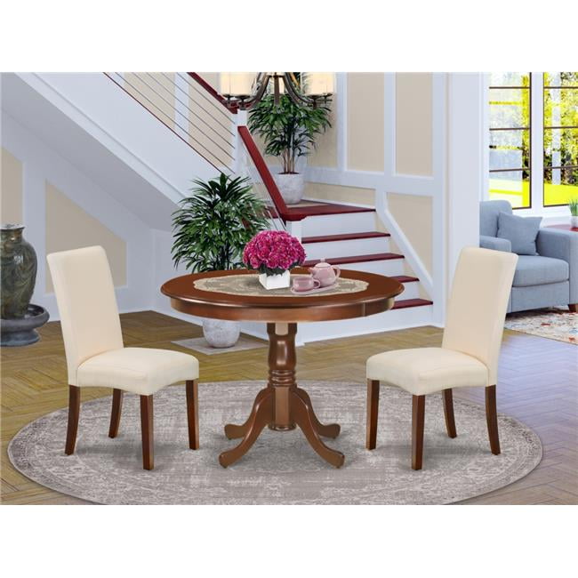 42 in. Hartland Round Dining Table & Two Parson Chair with Mahogany Leg ...