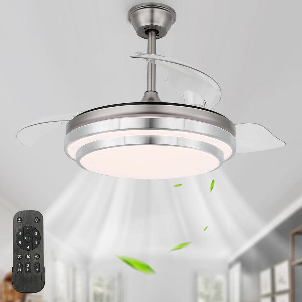 42 in. Indoor Brushed Nickel Retractable Ceiling Fan with LED Light and ...