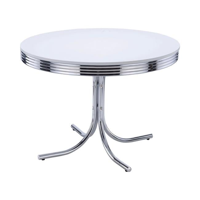 42 in. Loy Glossy White Wood Top & Ribbed Chrome Apron Round Dining ...