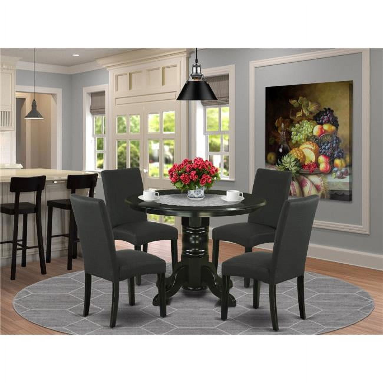 42 in. Shelton Round Dining Table & Four Parson Chair with Black Leg ...