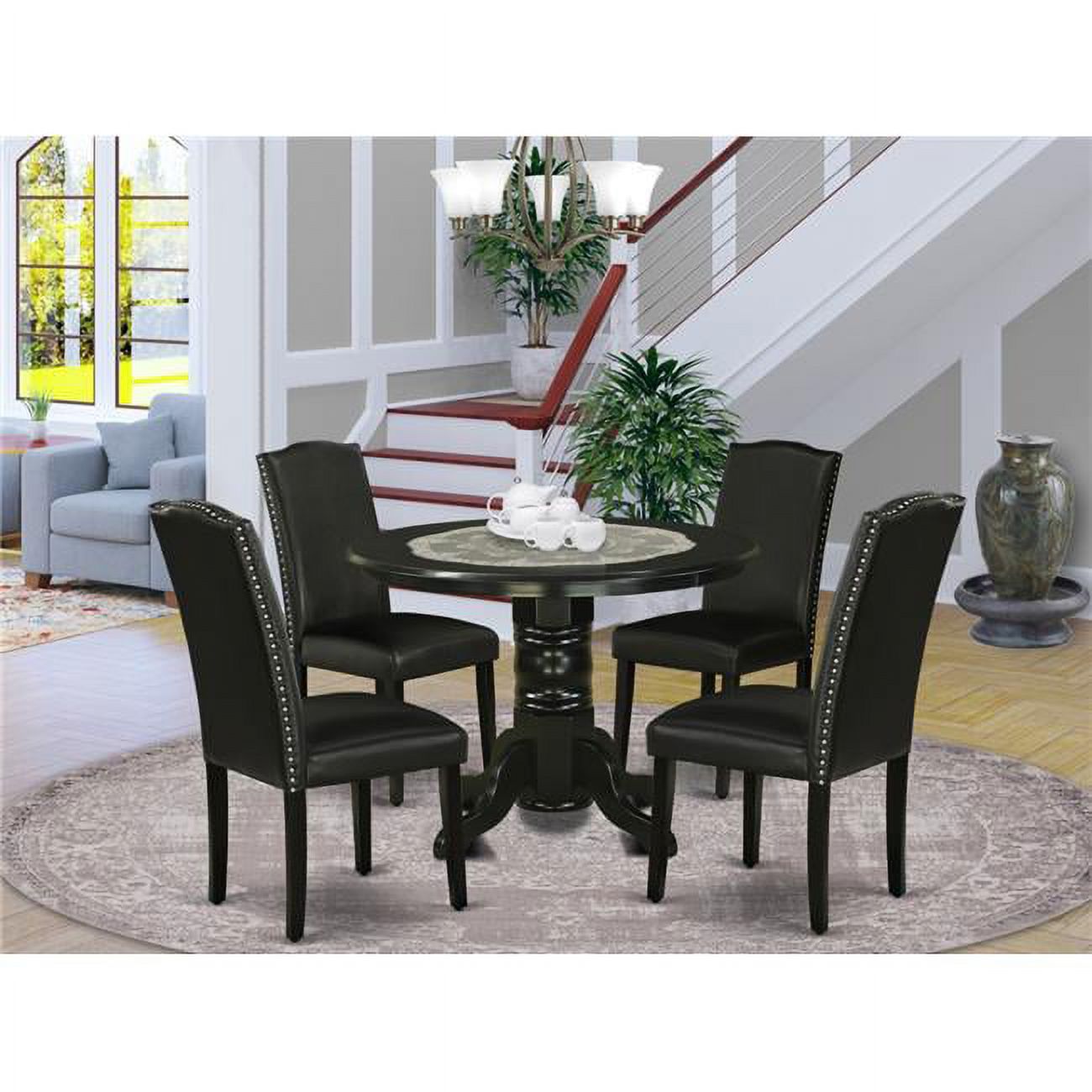 42 in. Shelton Round Dining Table & Four Parson Chair with Black Leg ...
