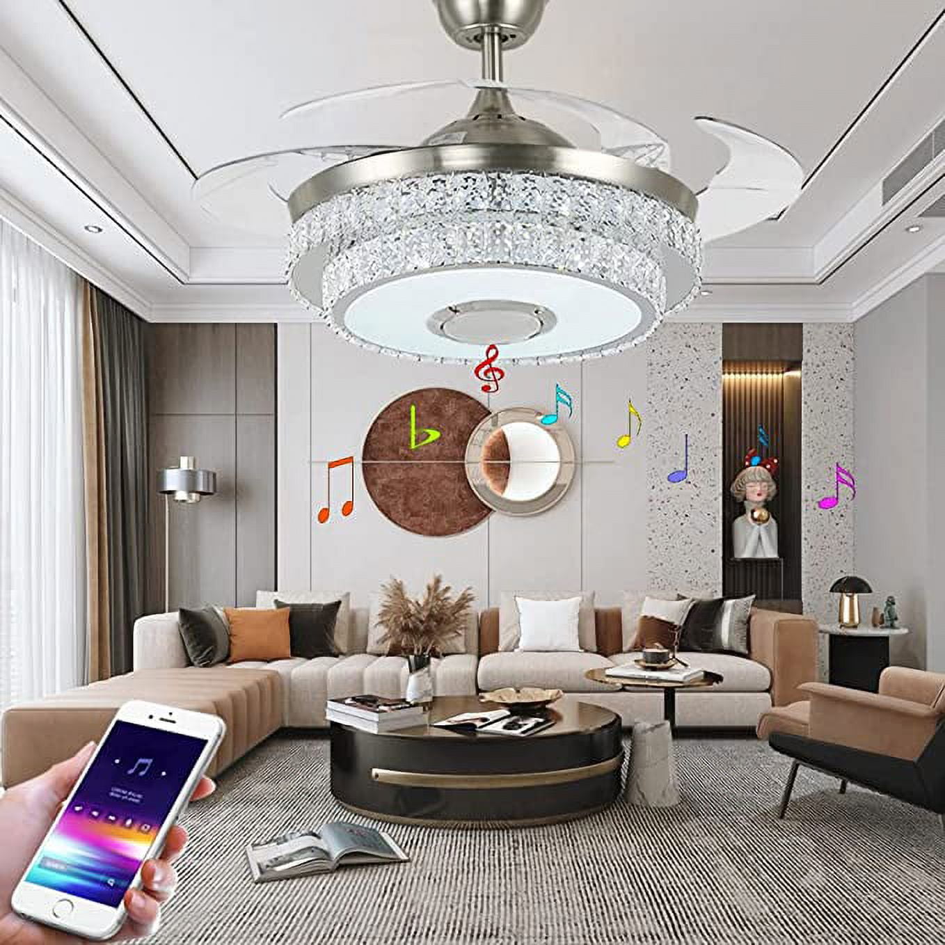 42 inch Bluetooth Ceiling Fan with 7 Colorful Dimmable, Retractable ...