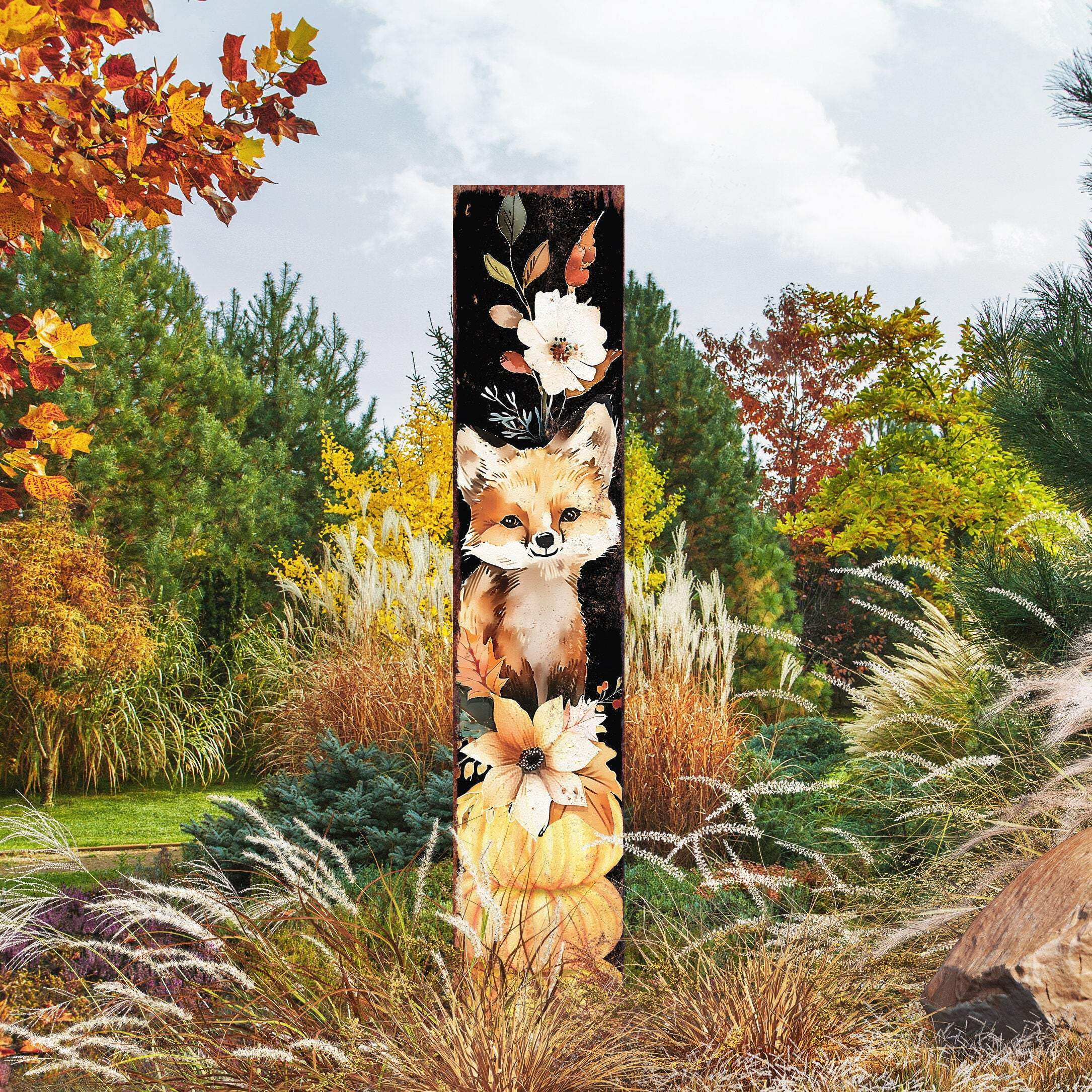 42-inch Fall Garden Stake - Watercolor Foxy - Perfect for Outdoor Decor ...