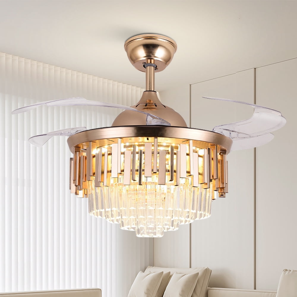 42-inch Gold Crystal Invisible Ceiling Fan - 4 Tier Prism Blades, 3500K ...