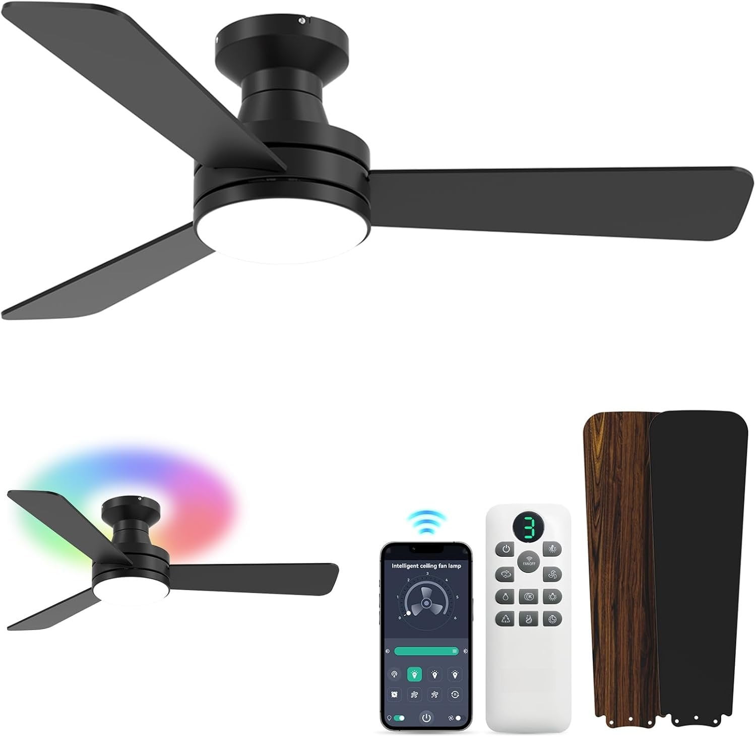 42 inch RGB Ceiling Fan with Light, App & Remote Control Low Profile ...