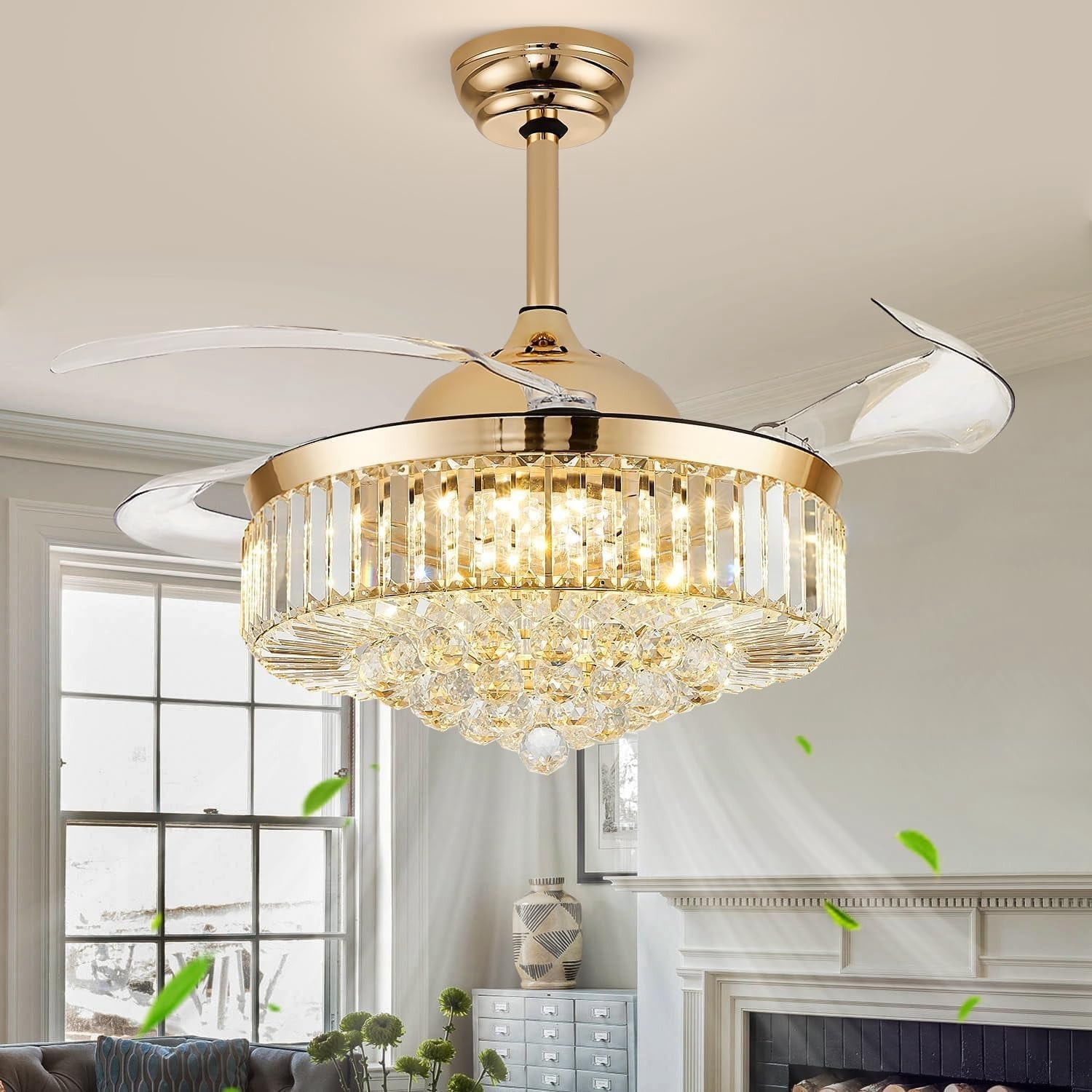 42-inch Retractable Crystal Ceiling Fan with LED Light, 3-Color Change ...