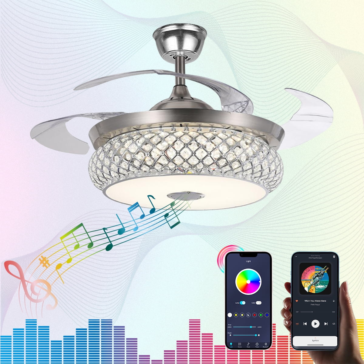 42-inch Silver Ceiling Fan with RGB Music - Invisible Blades & Crystal ...