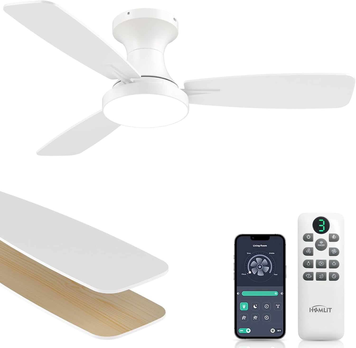 42 inch Smart Ceiling Fan with Light, Low Profile Flush Mount with ...