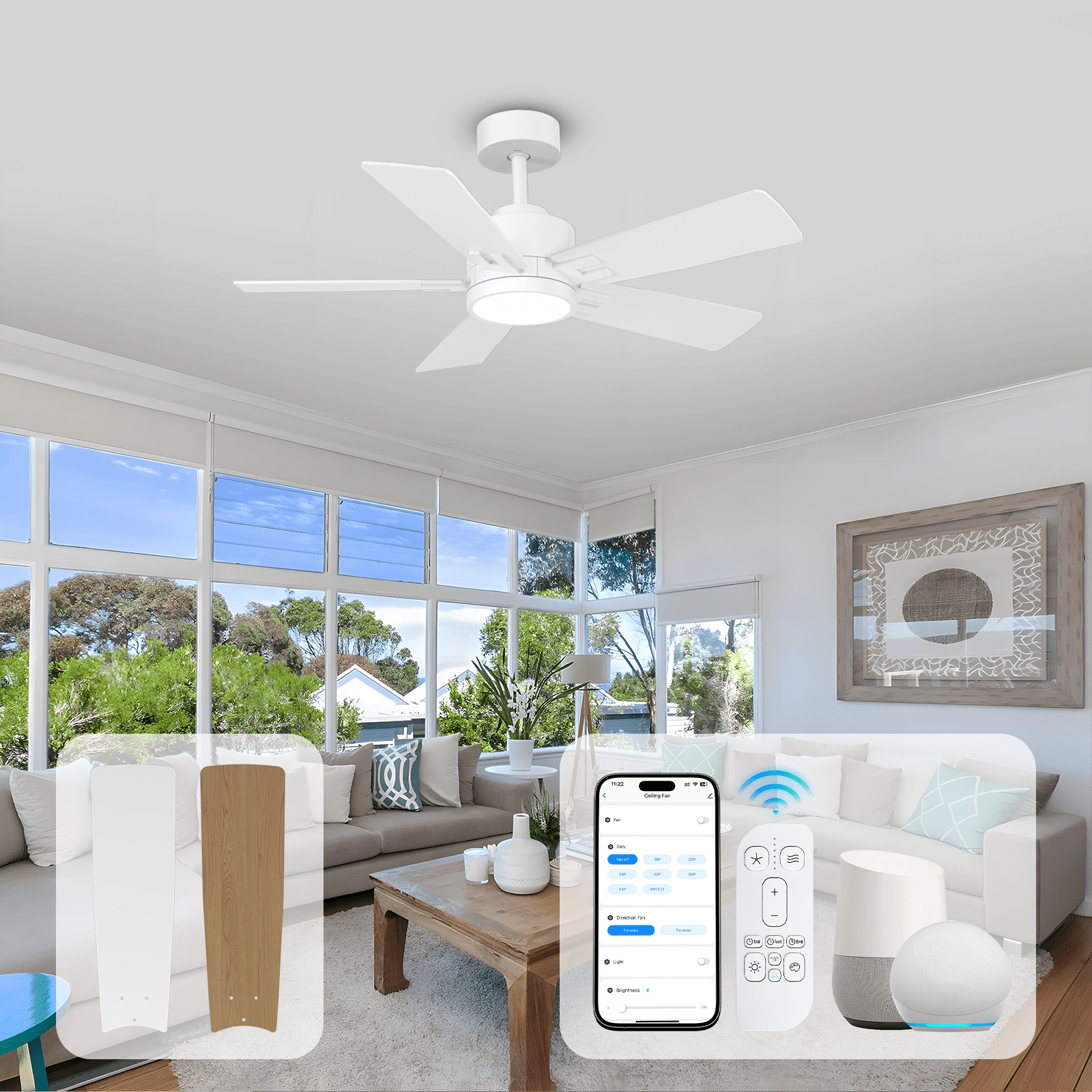 42 inch White Ceiling Fan with Light, Modern Smart Alexa Ceiling Fan ...