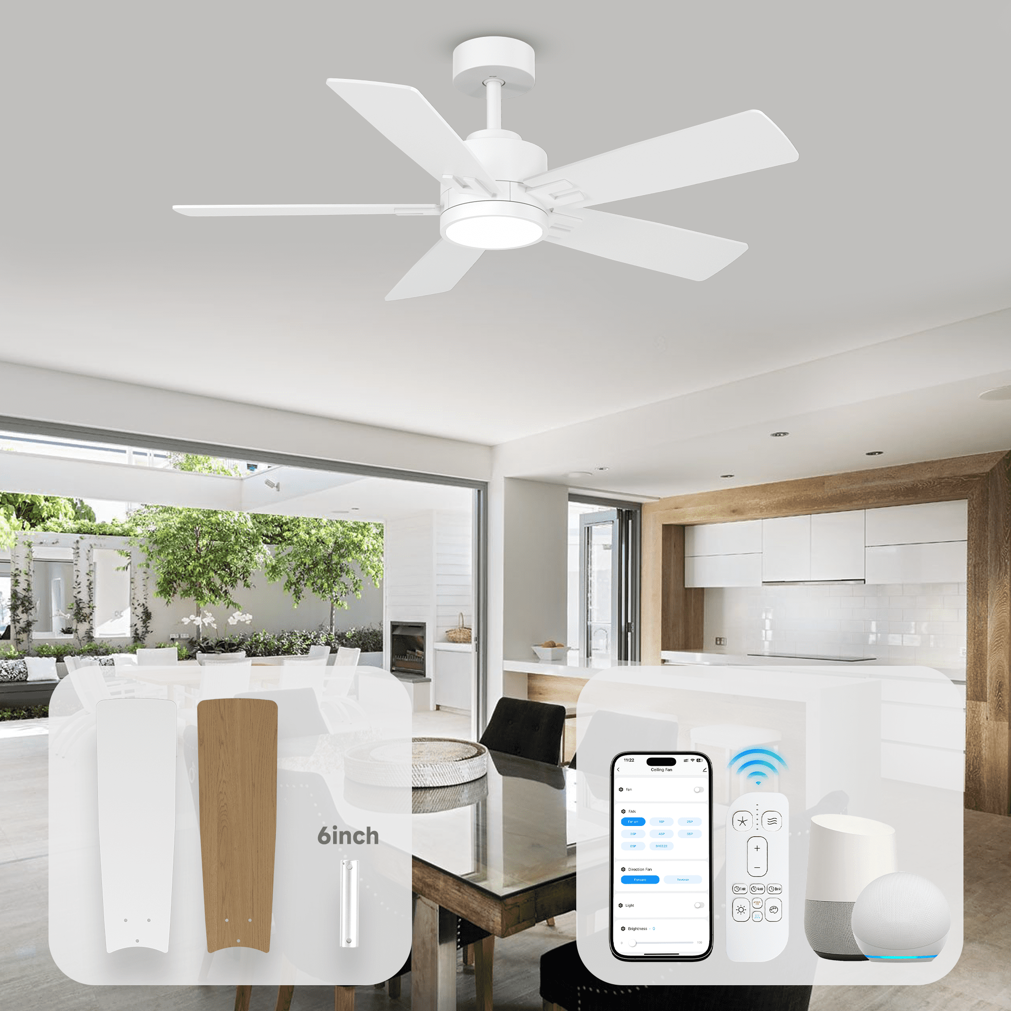 42 inch White Ceiling Fans with Lights, Modern Low Profile Ceiling Fan ...