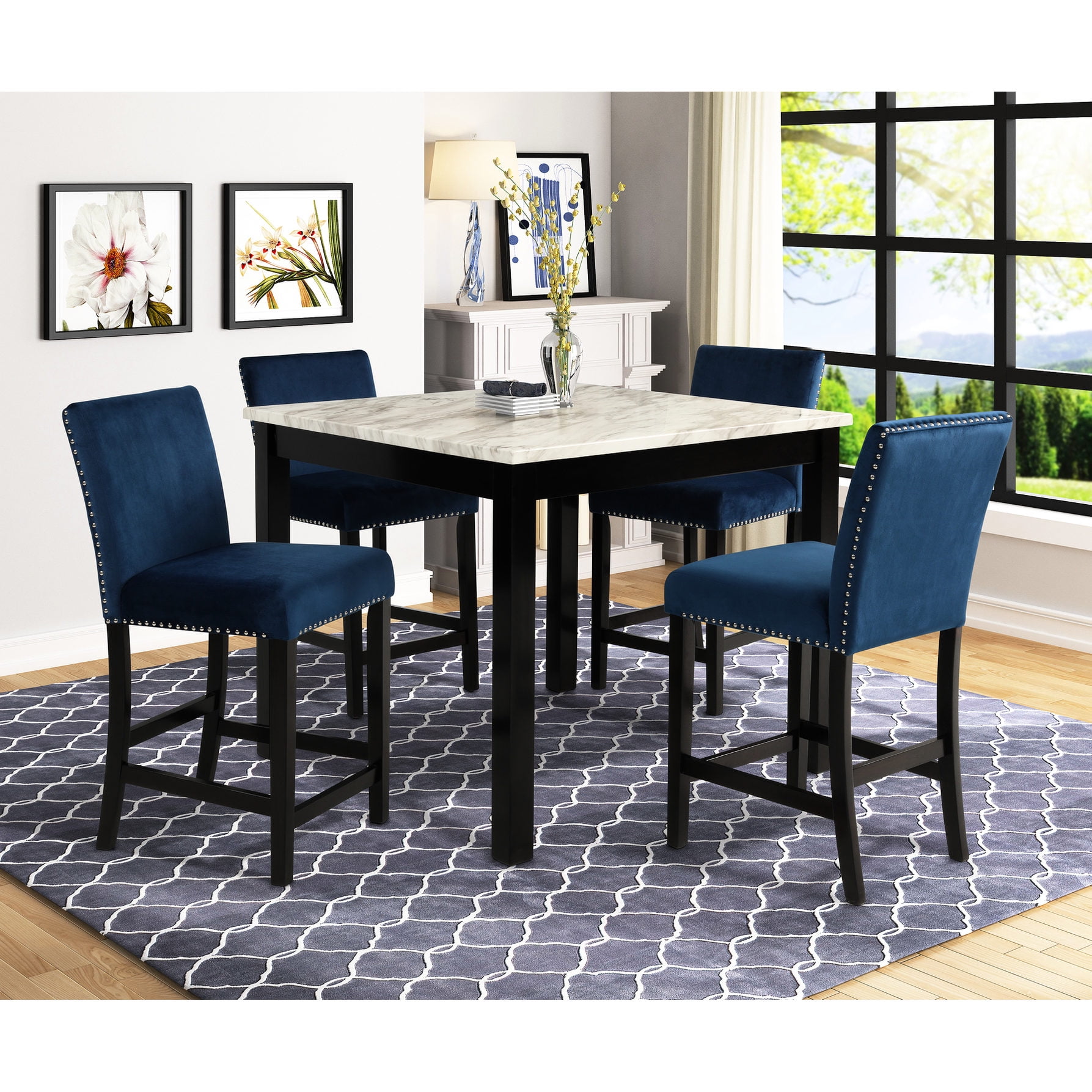 42-inch square counter set with black frame and blue velvet upholstery ...