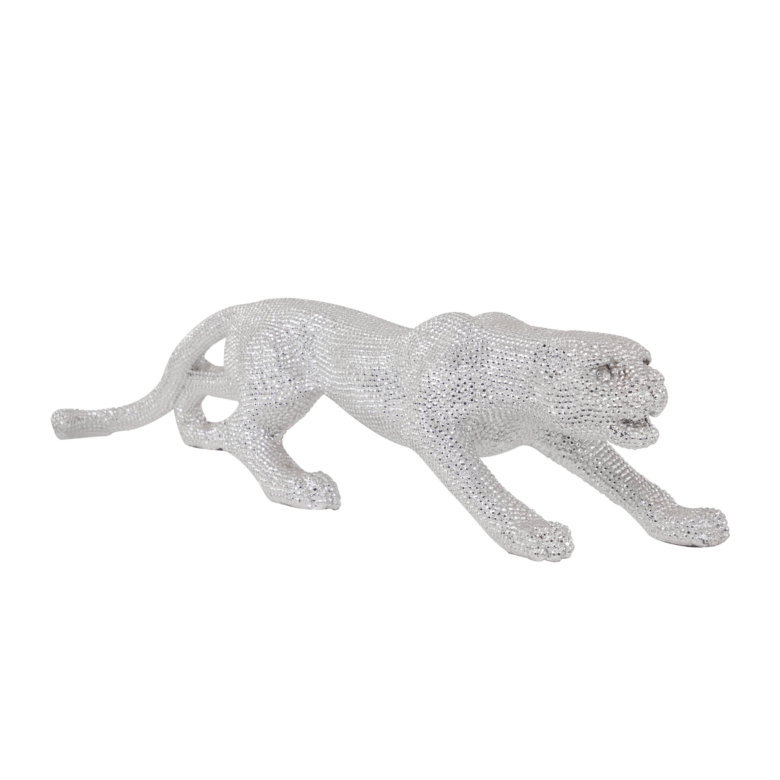 42" x 11" Silver Polystone Floor Leopard Sculpture with Carved Faceted ...