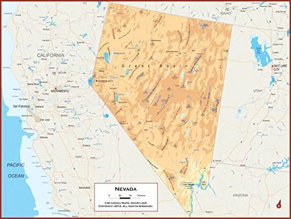 42 x 32 Nevada State Wall Map Poster with Topography - Classroom Style ...