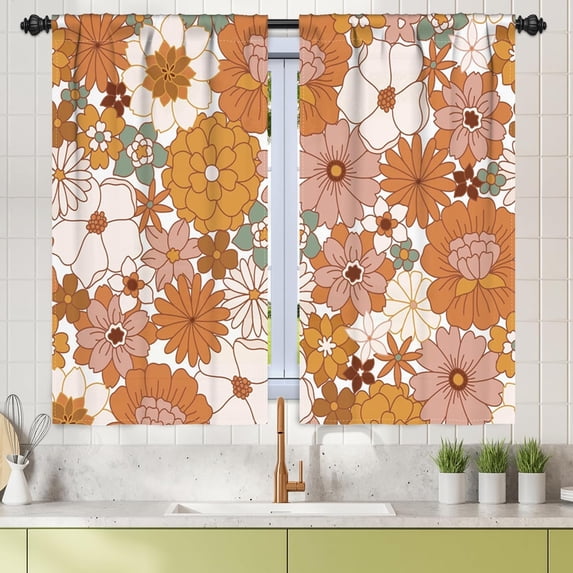42 x 54 Inch 70S Floral Kitchen Curtains for Half Window Orange Flower ...
