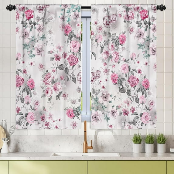 42 x 54 Inch Farmhouse Pink Flower Kitchen Curtains Farmhouse Country ...