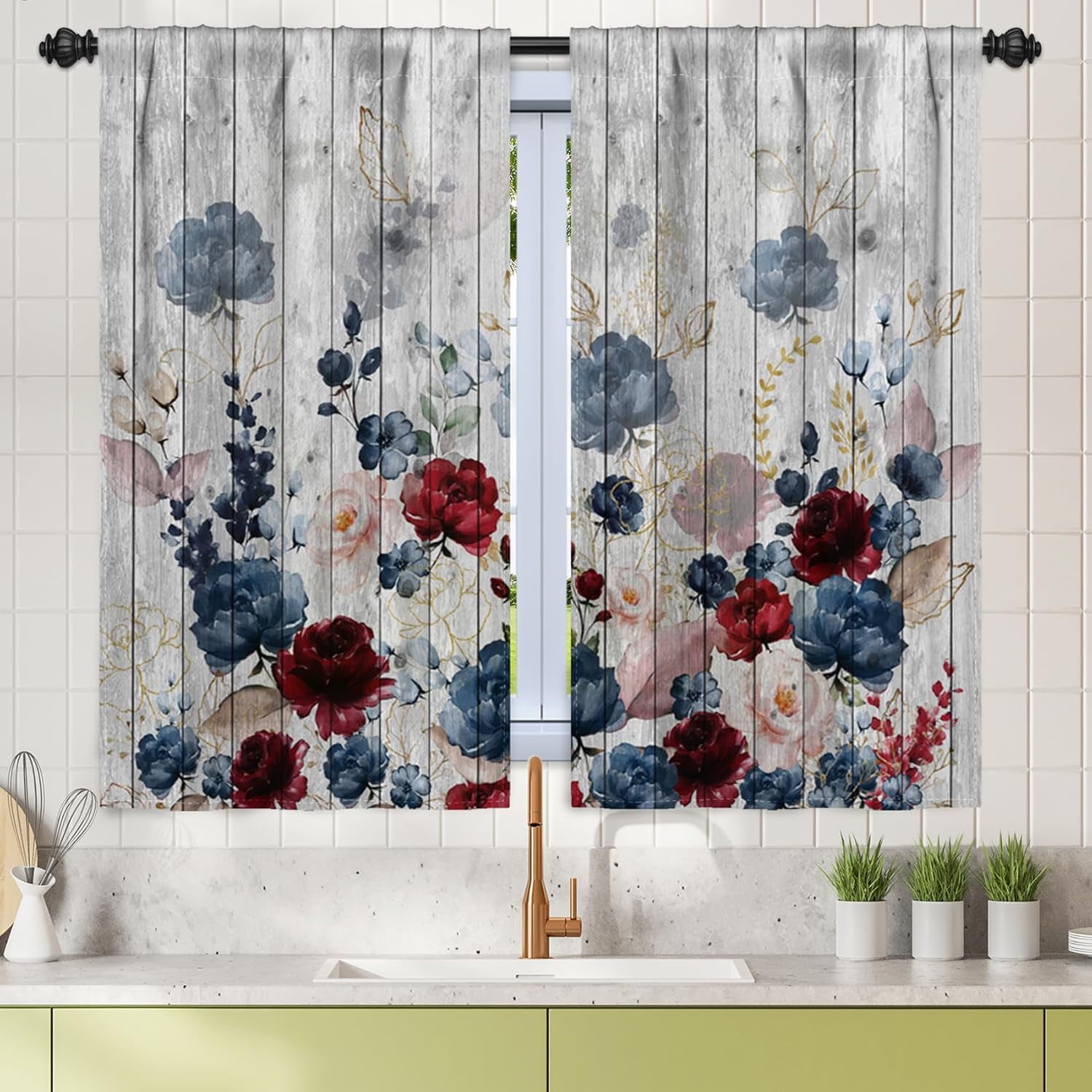 42 x 54 Inch Rustic Farmhouse Floral Kitchen Tier Curtains Linen ...