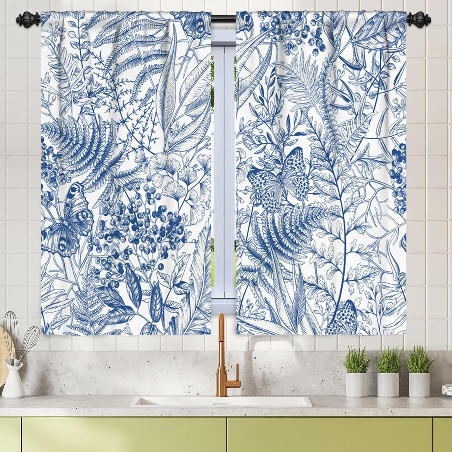 42 x 54 Inch Short Linen Curtains Farmhouse Blue Floral Print Tier ...