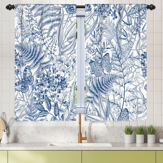 42 x 54 Inch Short Linen Curtains Farmhouse Blue Floral Print Tier ...