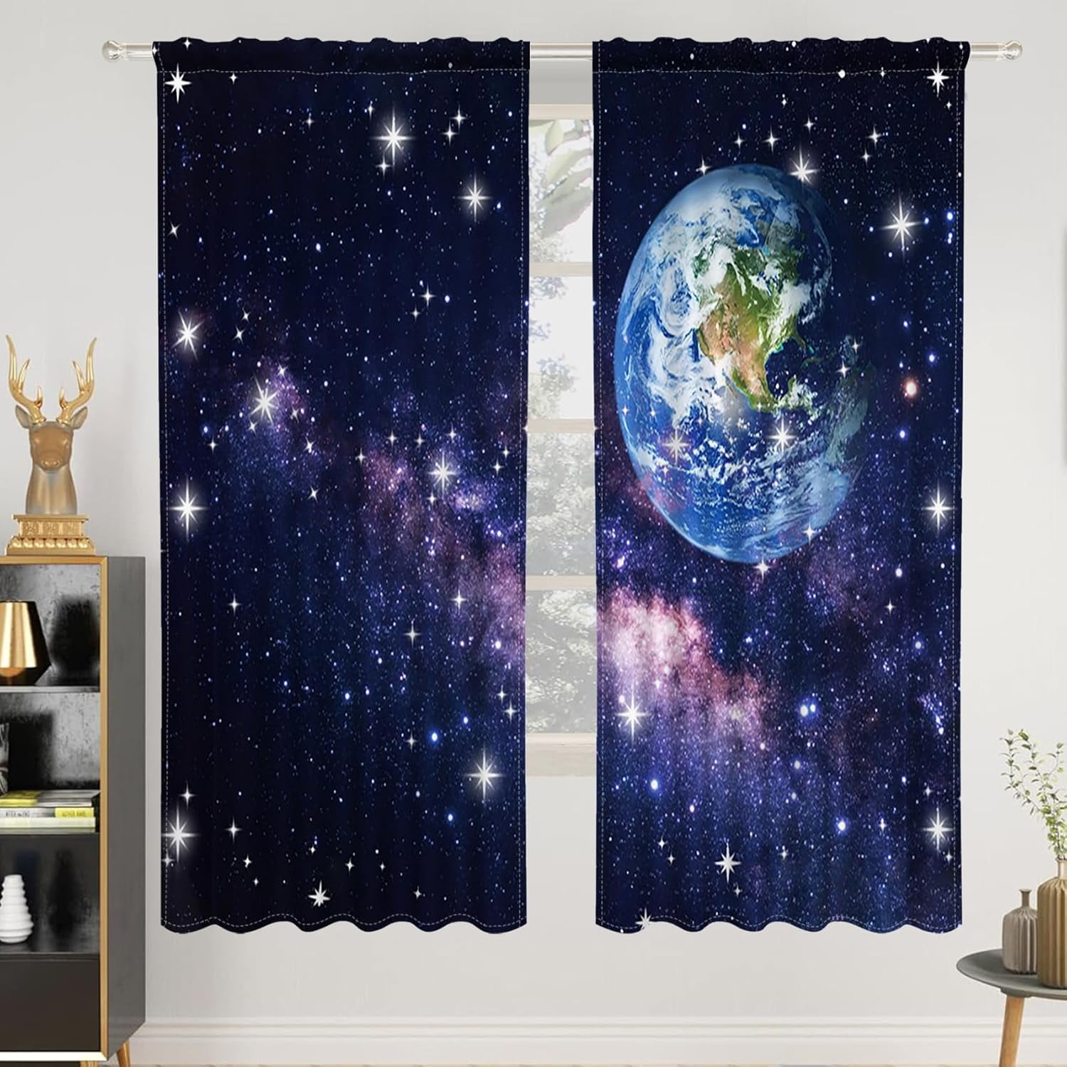 42 x 63 Inch Earth Galaxy Bedroom Window Curtains Outer Space View ...