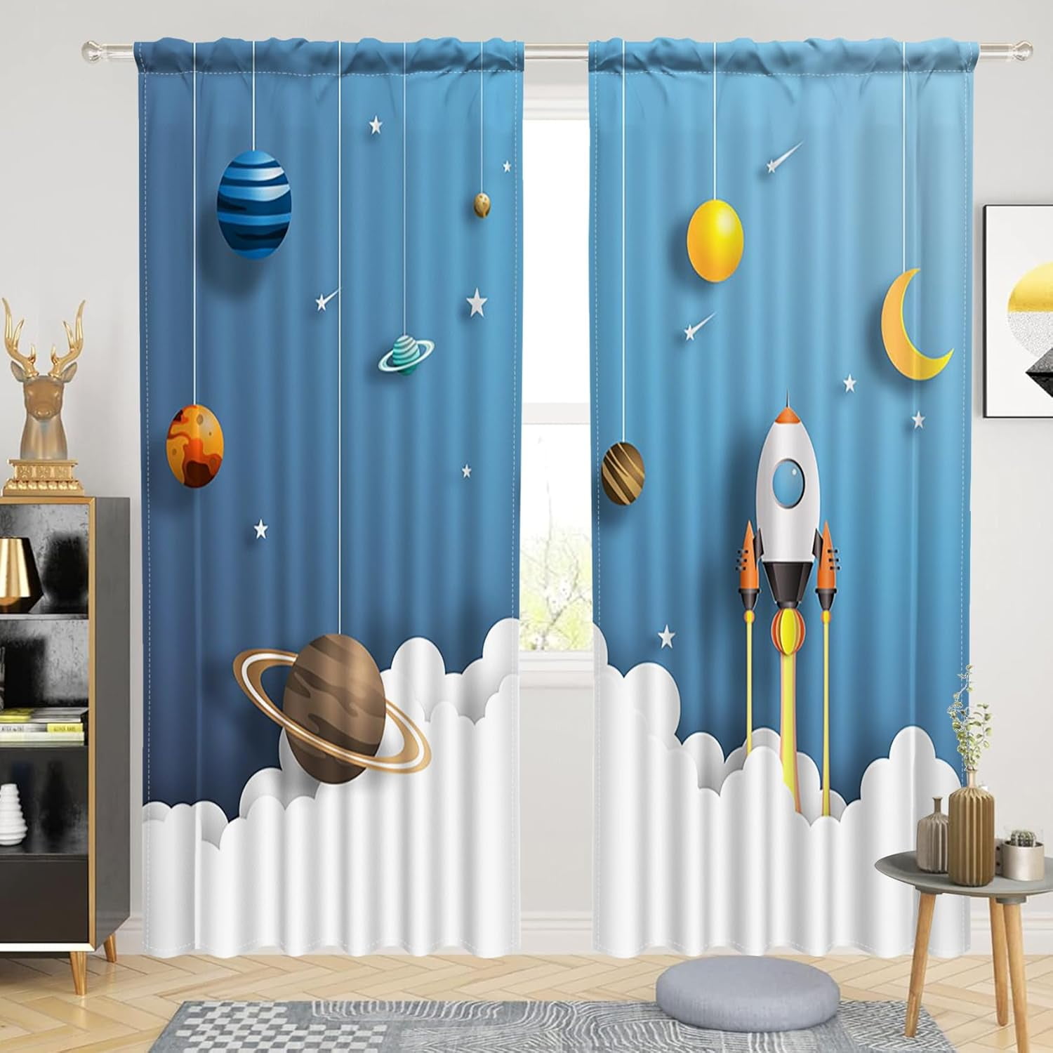 42 x 63 Inch Kids Space Curtains for Boys Room Cartoon Universe Galaxy ...