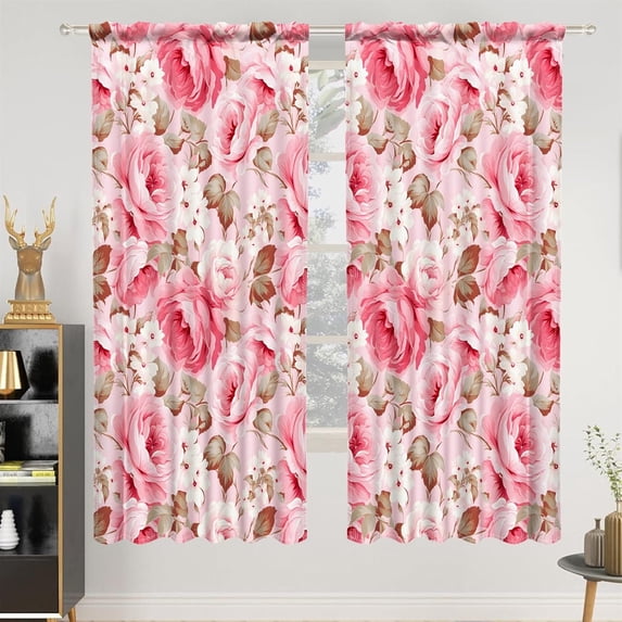 42 x 63 Inch Pink Floral Linen Curtains Romantic Rose Flower Farmhouse ...