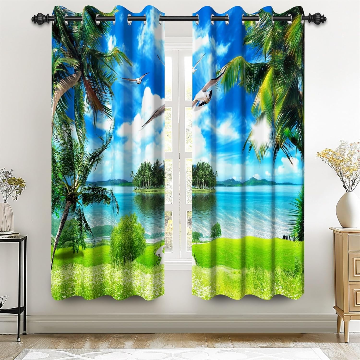 42 x 63 Inch Tropical Ocean Blackout Curtains Beach Hawaii Palm ...