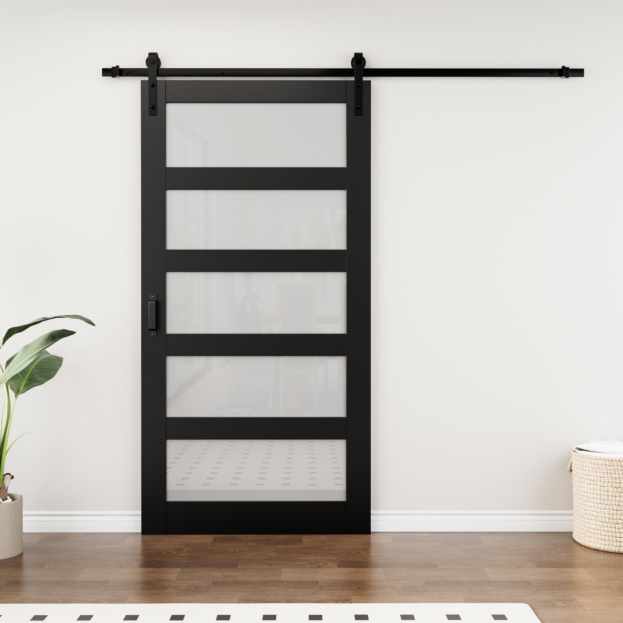 42'' x 84'' Glass and Wood Paneled Sliding Barn Door with Installation ...