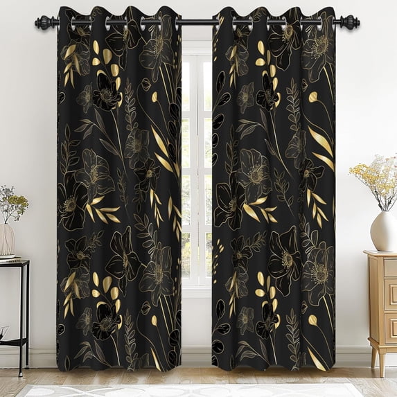 42 x 84 Inch Black Floral Blackout Curtains for Bedroom Printed Gold ...