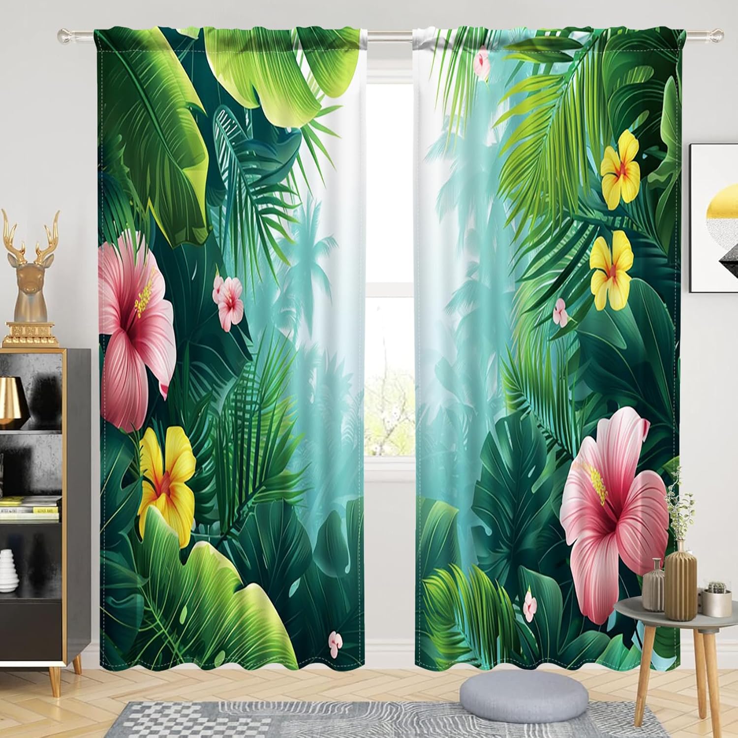 42 x 84 Inch Plantain Flower Short Curtains Kitchen Windows Tropical ...