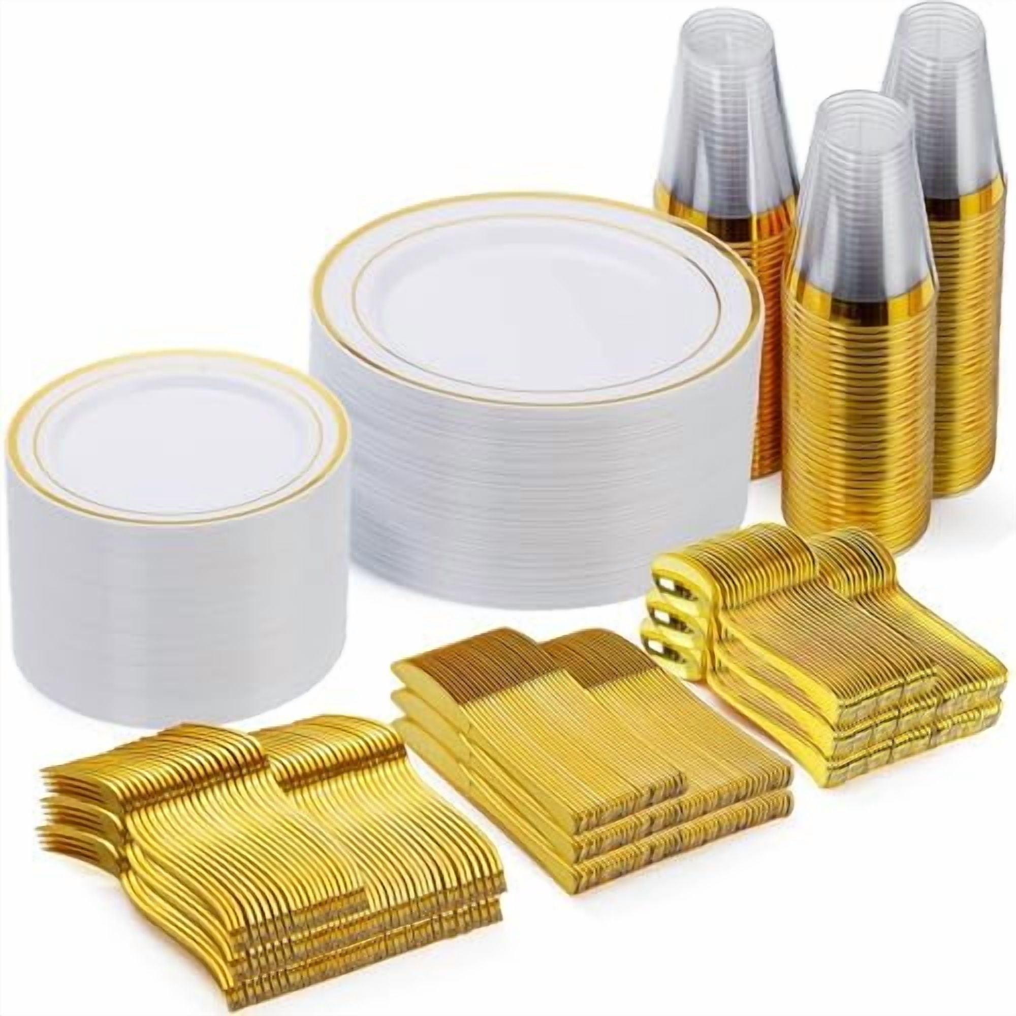 420 Pieces Gold Disposable Plates for 70 Guests, Plastic Plates for ...